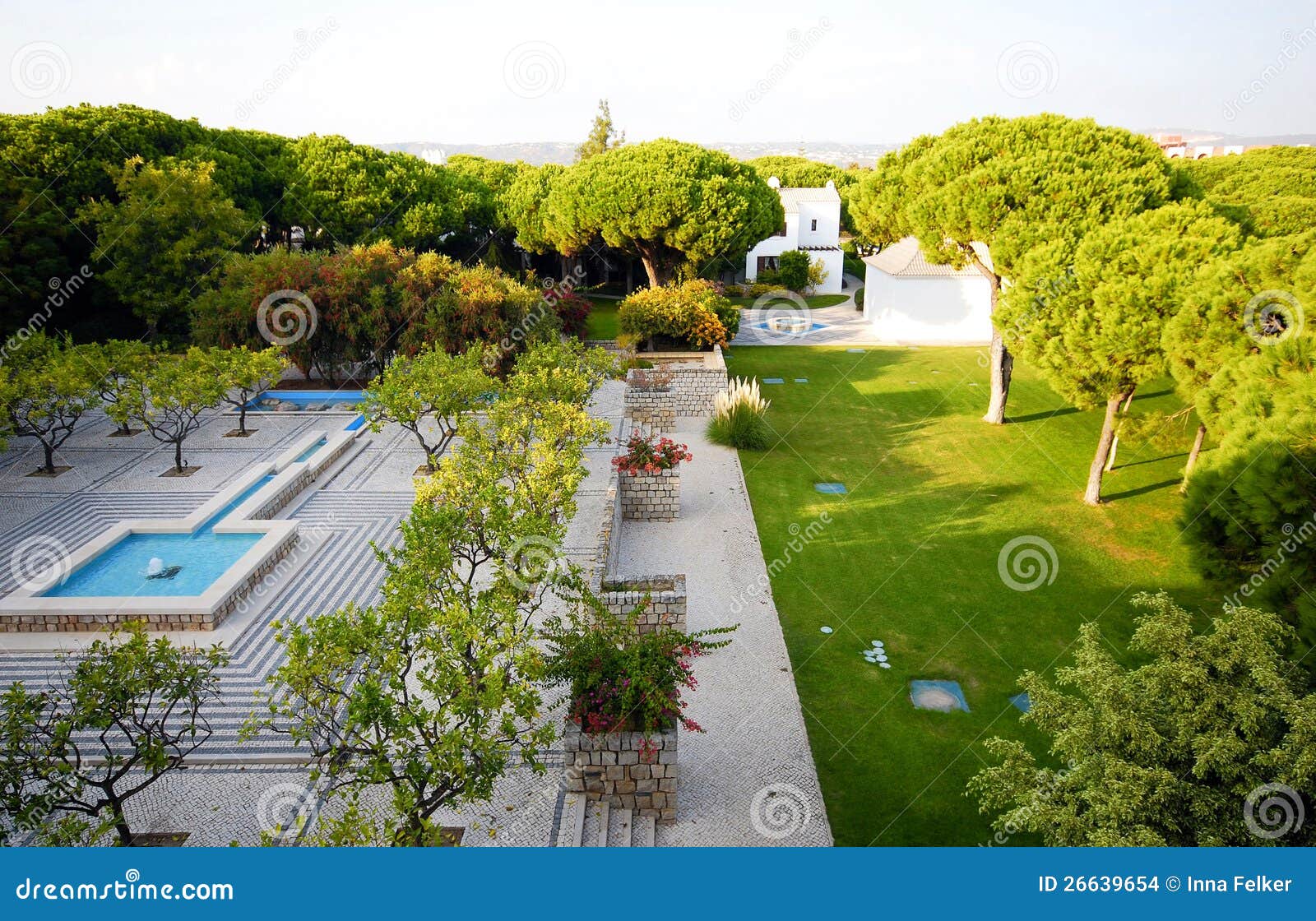 Beautiful park with patio stock photo. Image of hedge - 26639654