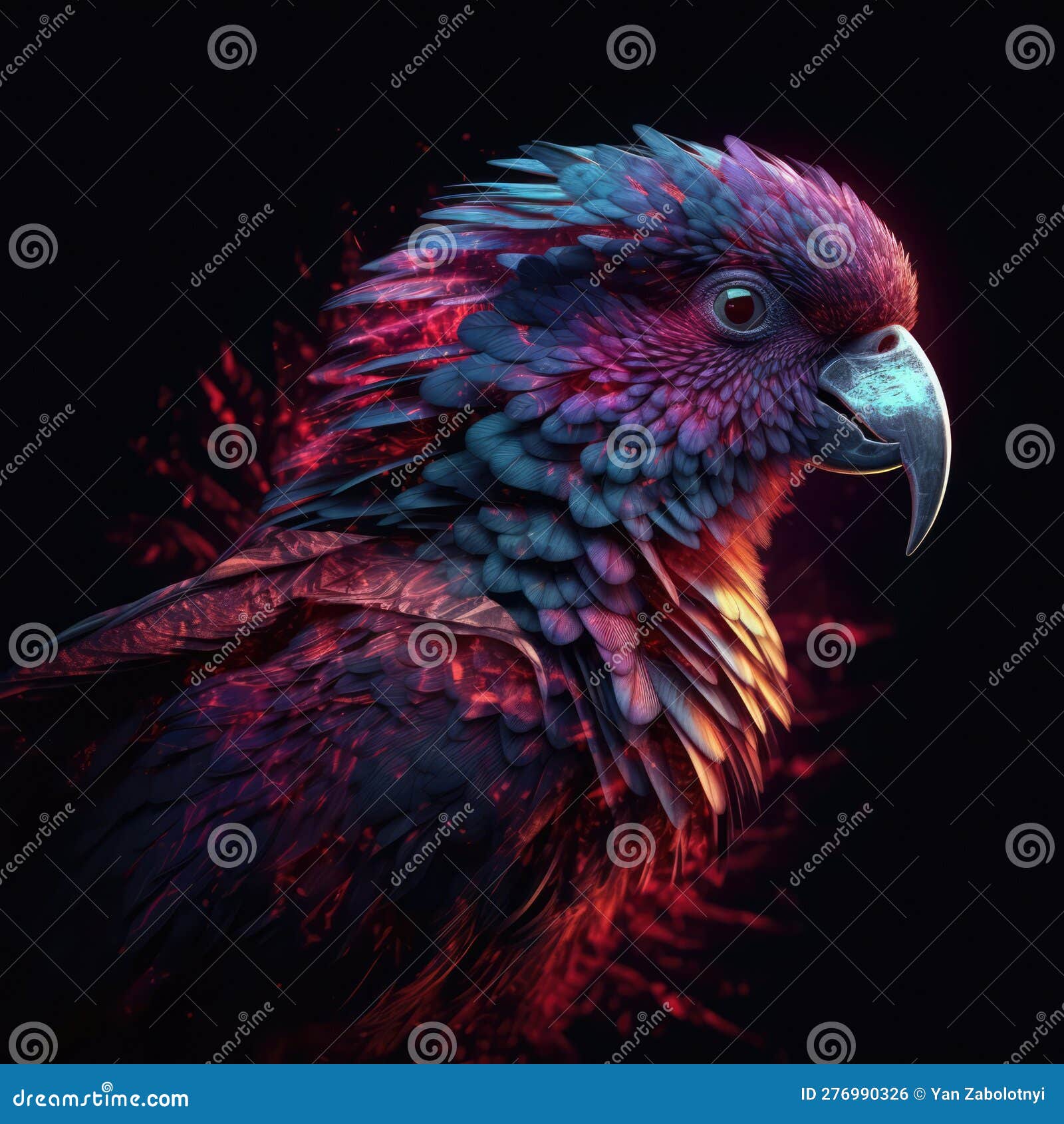 Beautiful Parrot in Red Purple Fire on Black Background. Generative AI ...