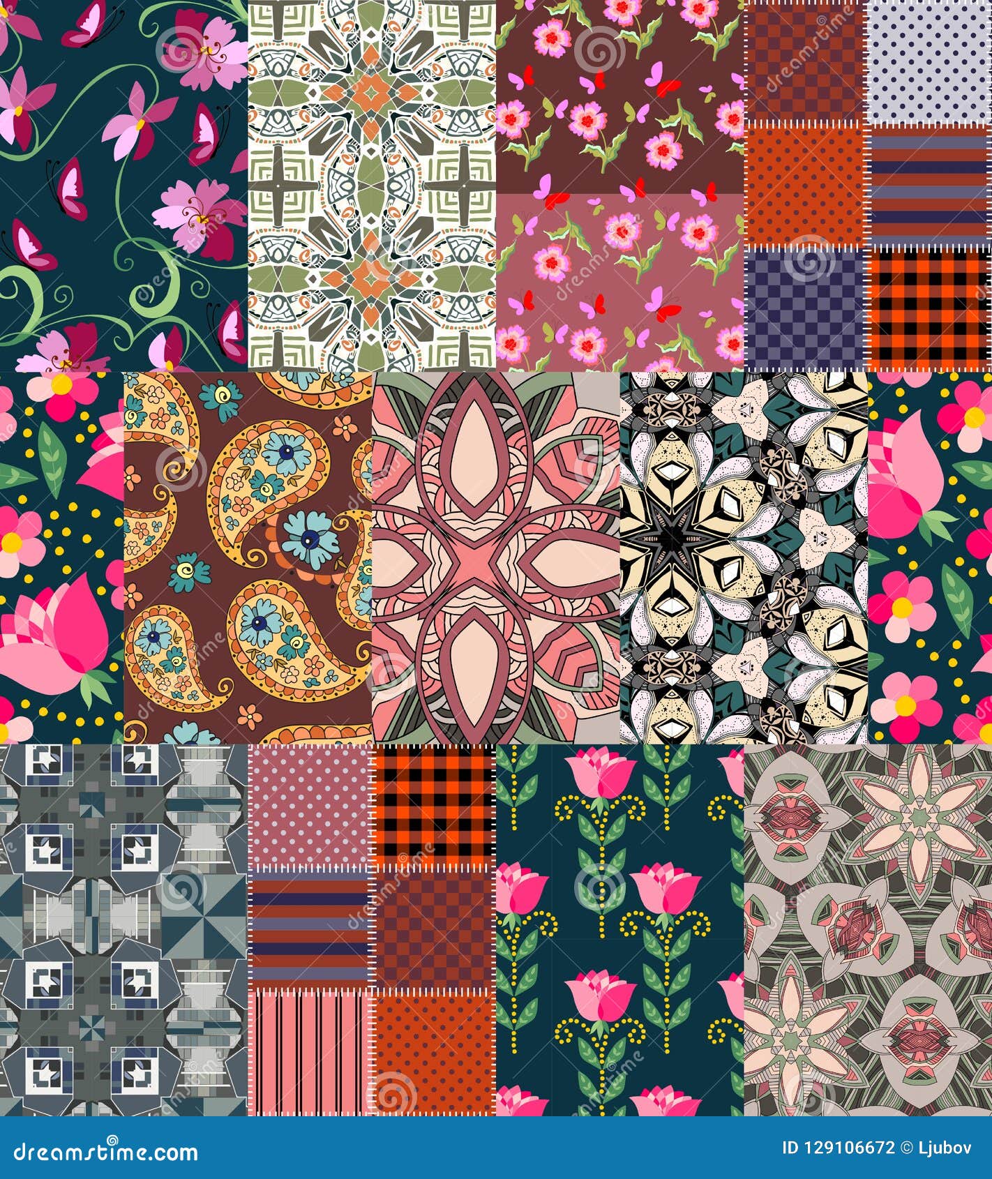 Beautiful Patchwork Pattern with Paisley and Flowers Stock Vector ...