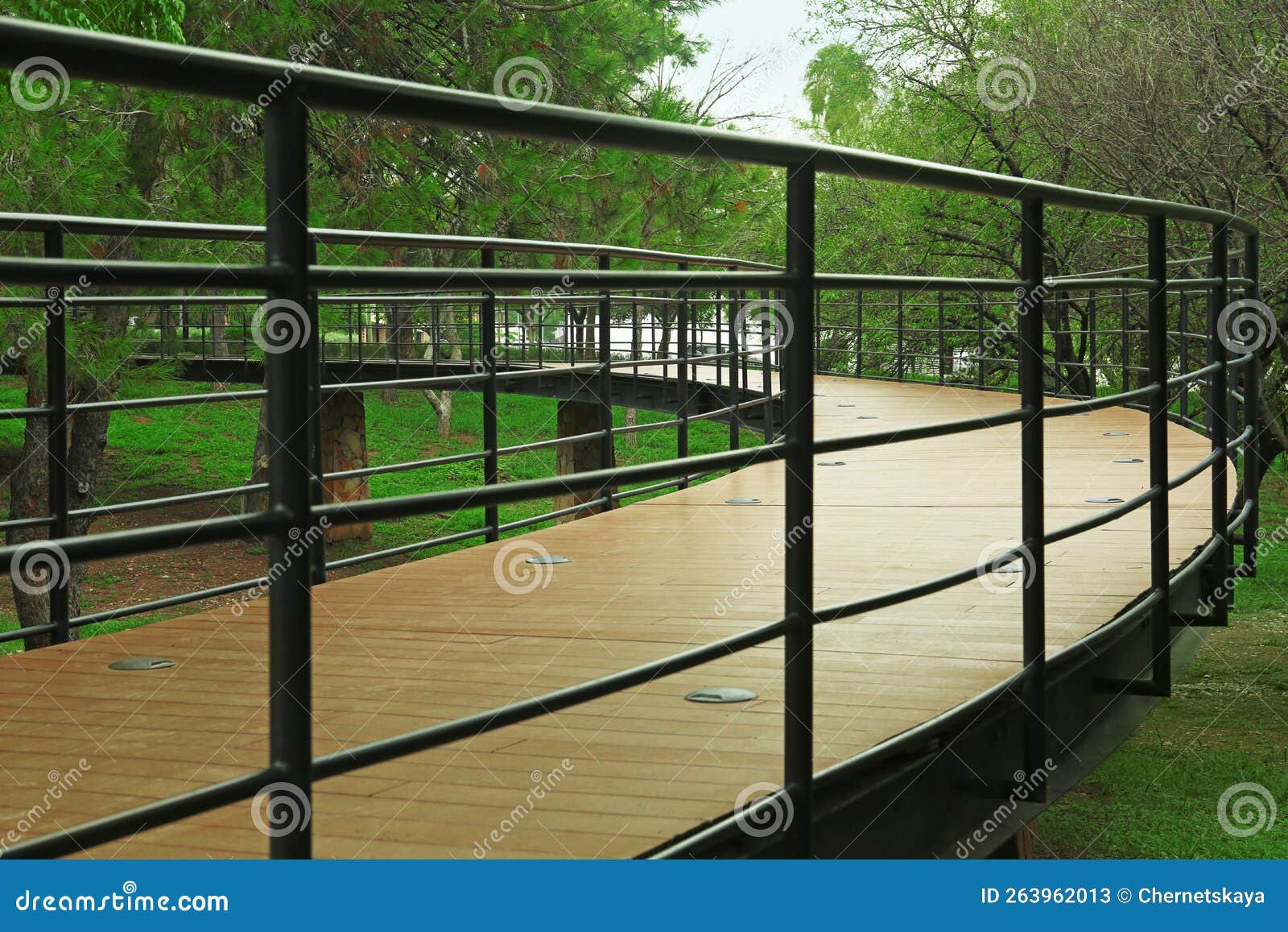 Beautiful Pathway with Metal Handrails in Park Near Trees Stock Image ...