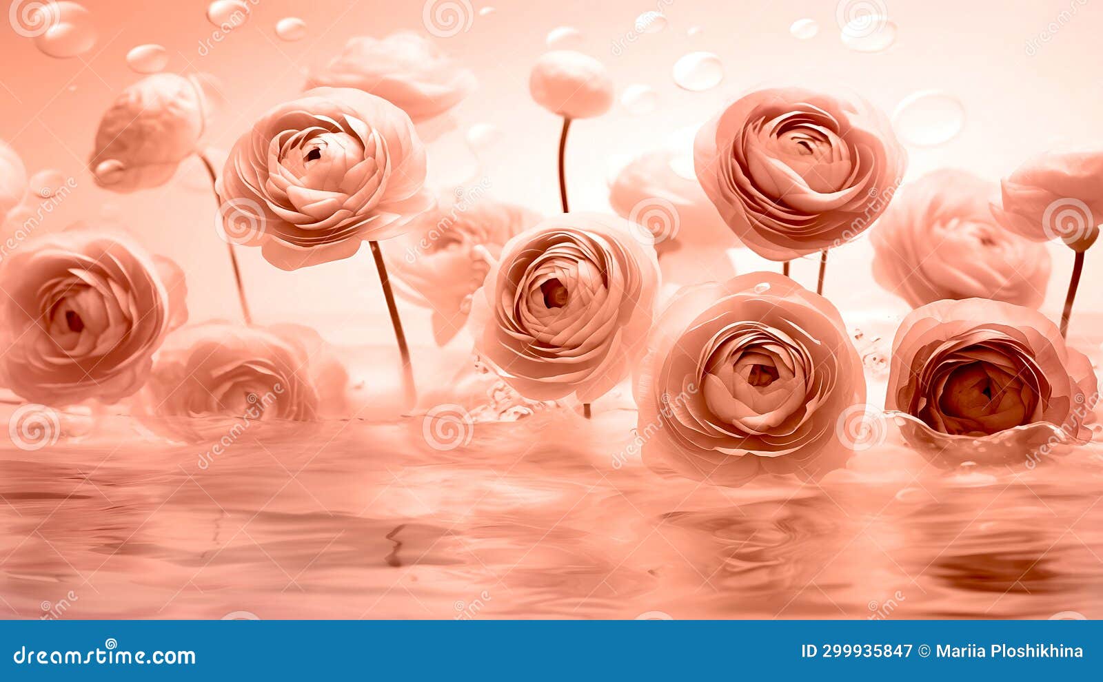 Beautiful Peach Fuzz Ranunculus in Water with Reflection. Stock Image ...