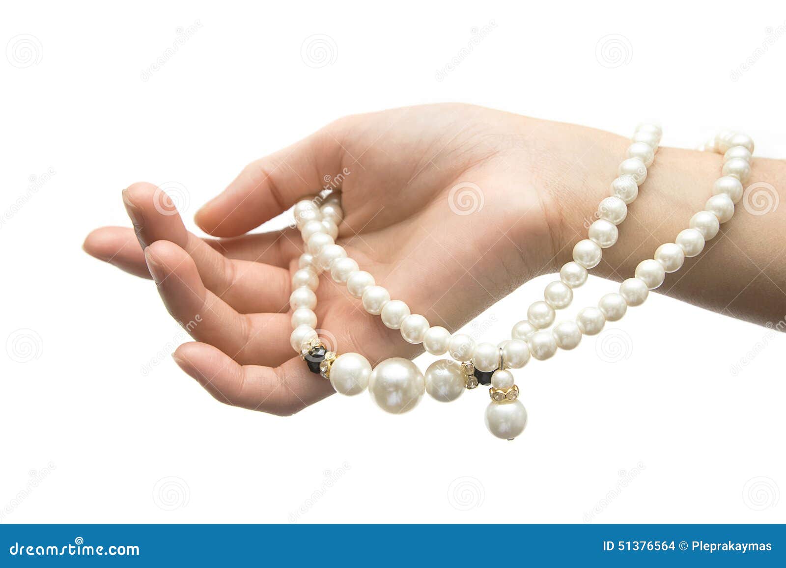 Beautiful Pearl Necklace on Woman Hand Stock Photo - Image of glitter ...
