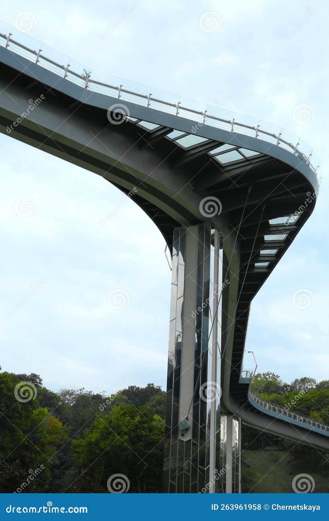 Beautiful Pedestrian Bridge with Viewing Platform Against Cloudy Sky ...