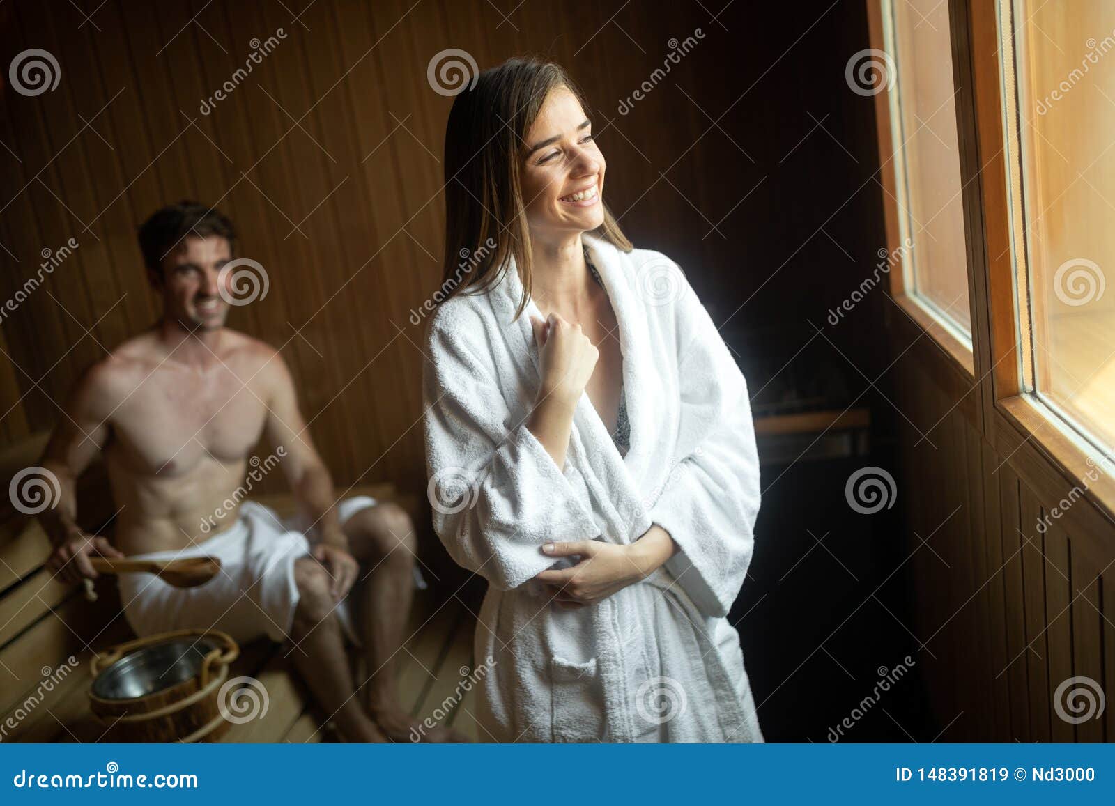 People in Bathrobes Using Sauna at Spa Resort Stock Image - Image of ...