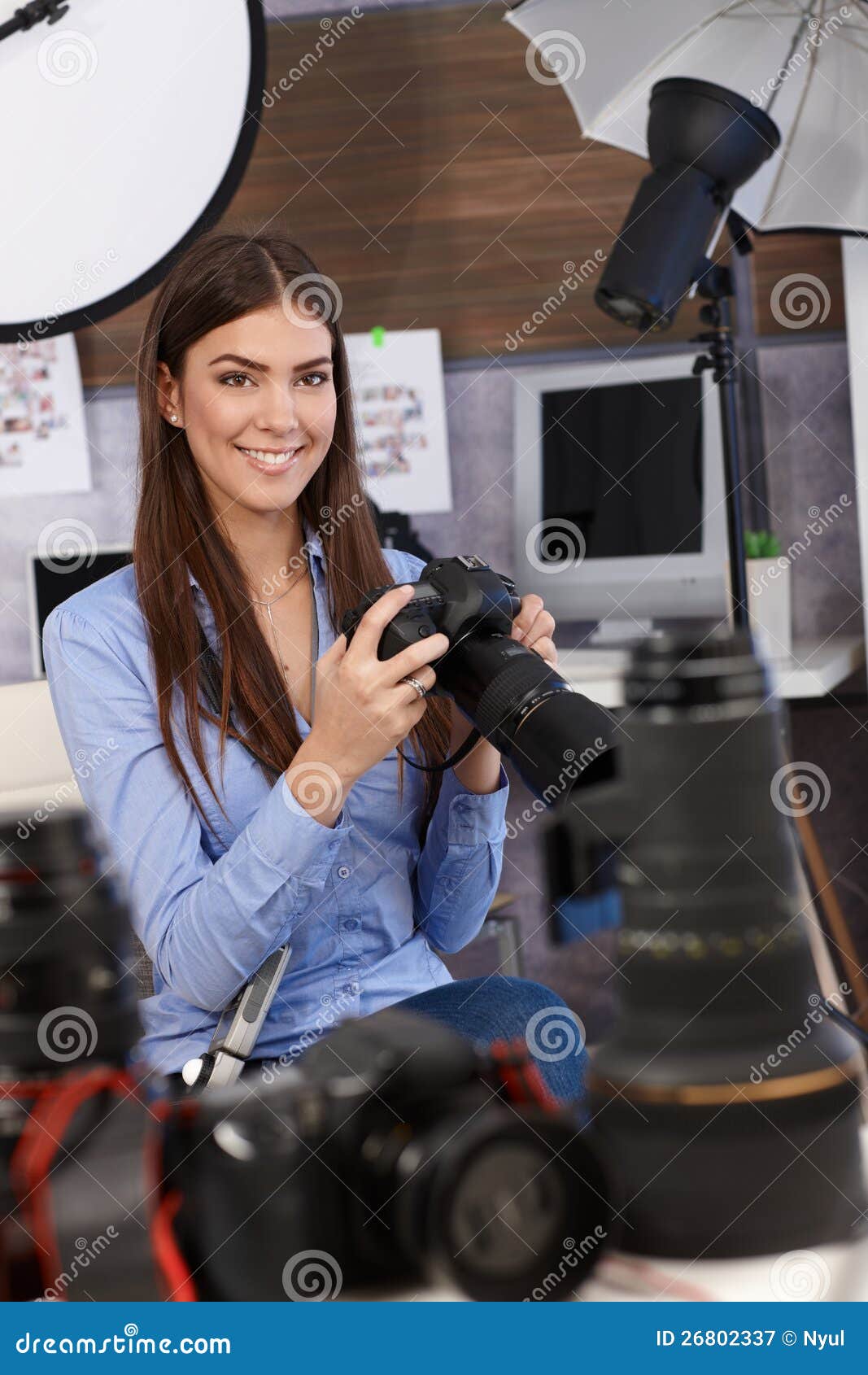The Beautiful Photographer Girl With Professional Dslr Camera Posing On ...
