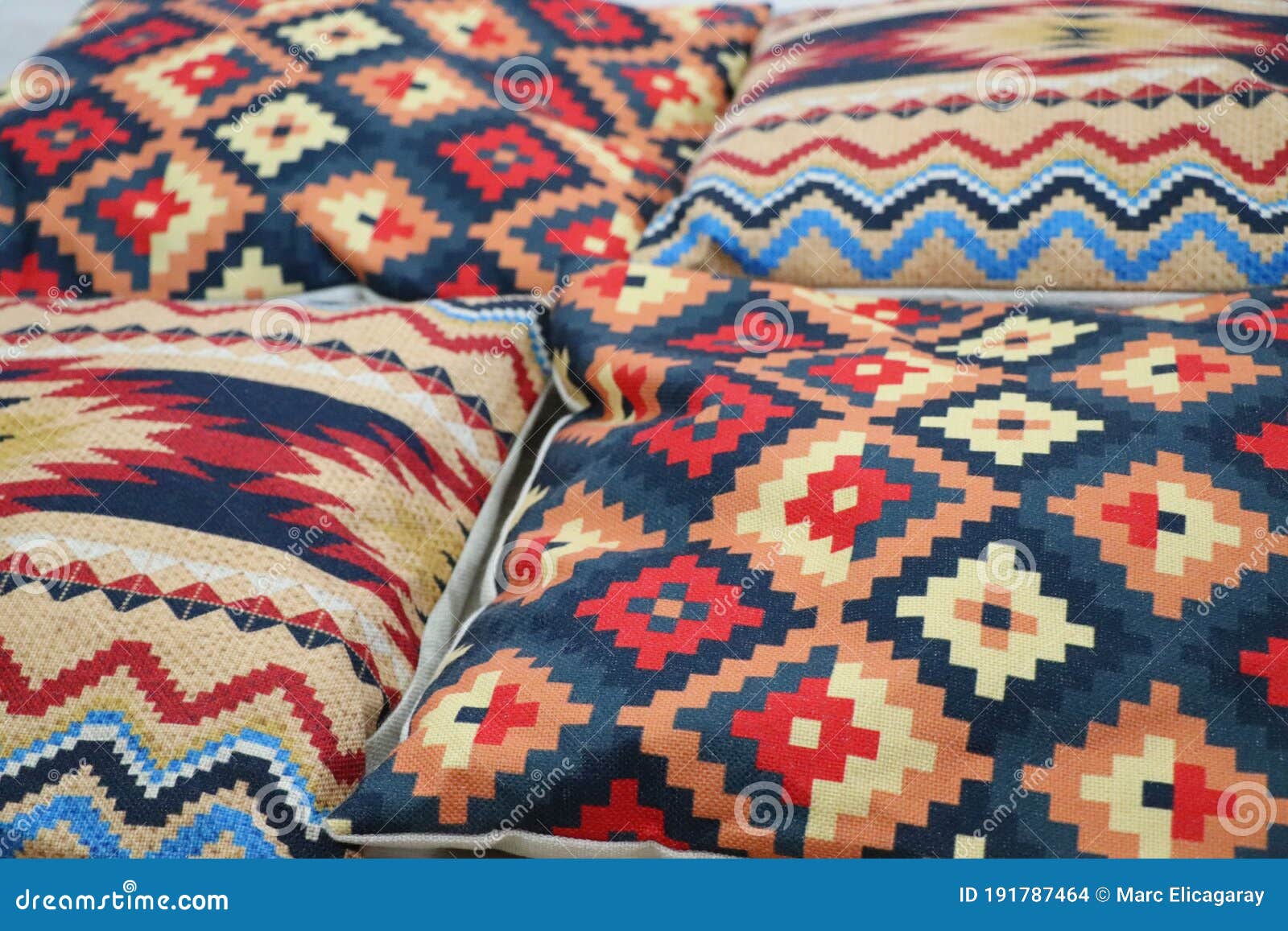 Six Ethnic Colorful Pillows Stock Photo - Image of comfortable, aztec ...