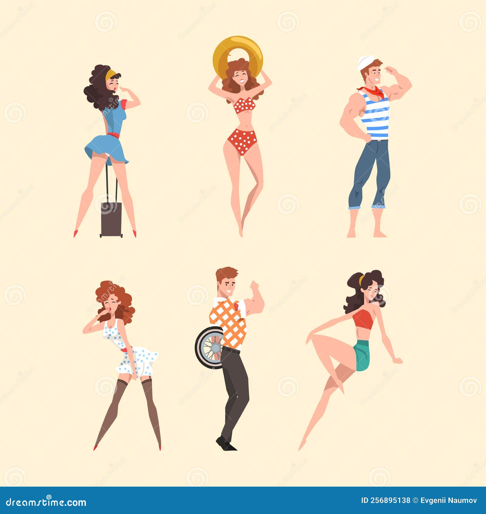Beautiful Pin Up Girls And Guys Wearing Stylish Clothes Of 1950s Cartoon Vector Illustration
