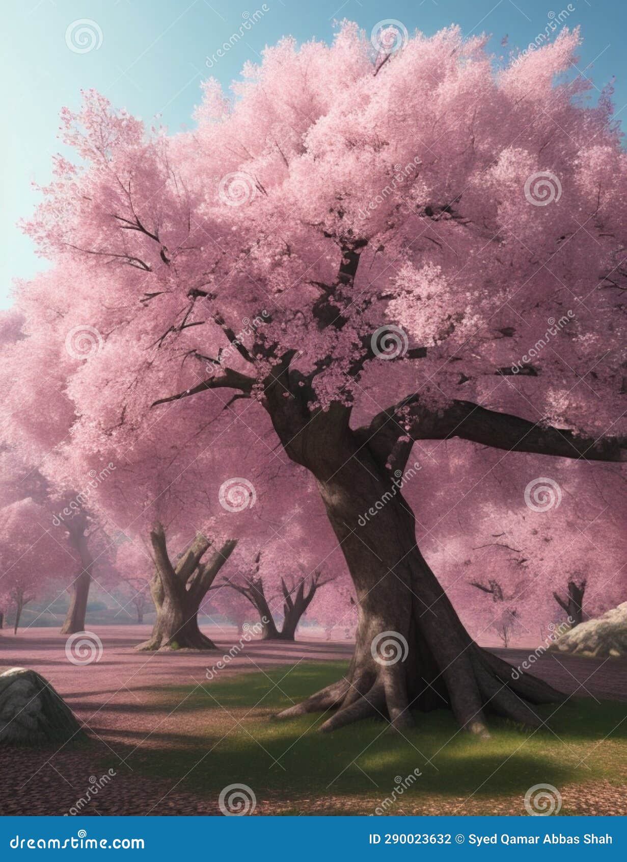 Beautiful Pink Cherry Tree in the Forest. Digital 3D Illustration Stock ...
