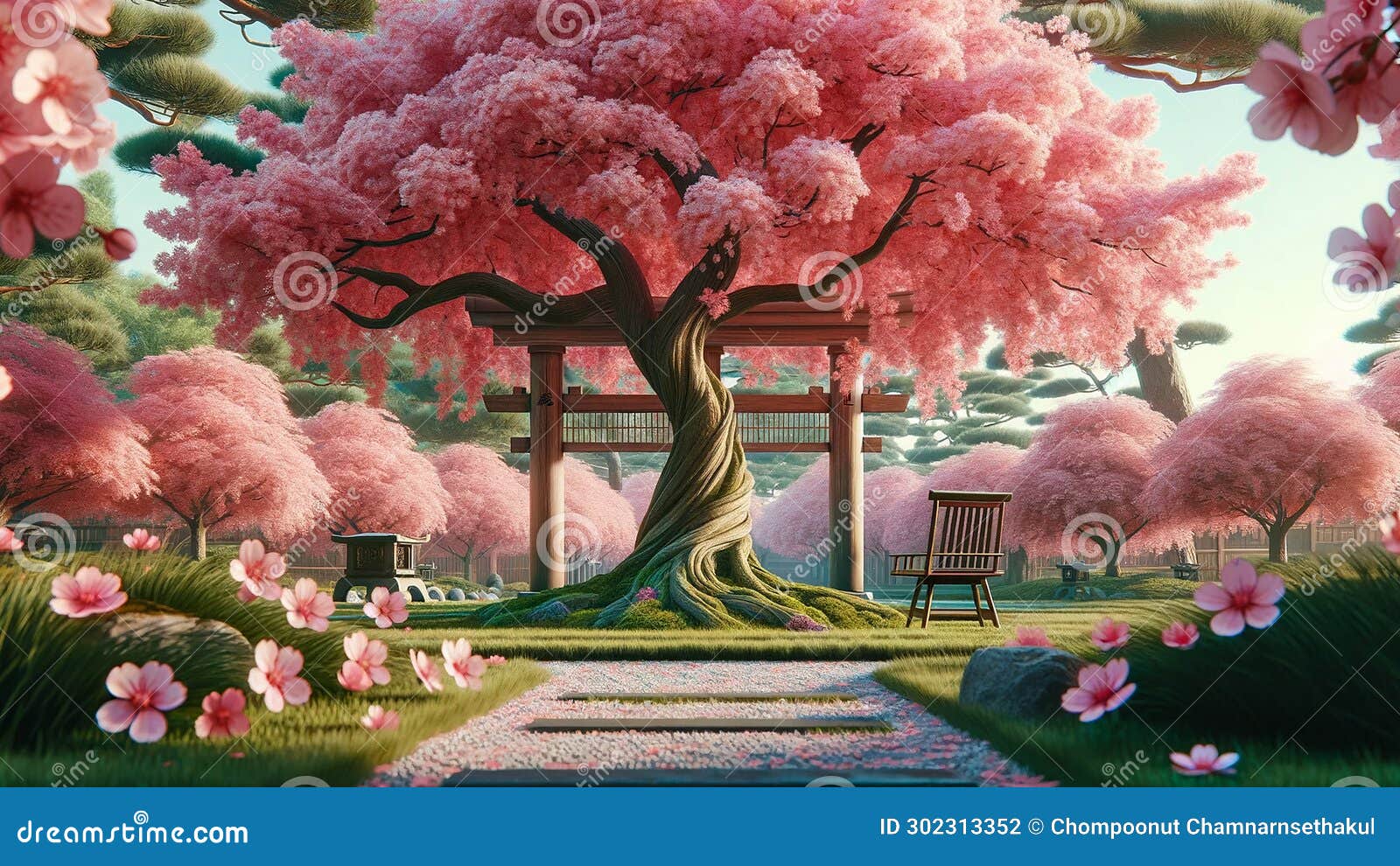 Beautiful Pink Cherry Tree with Seats and Wooden Doors, AI Generate ...