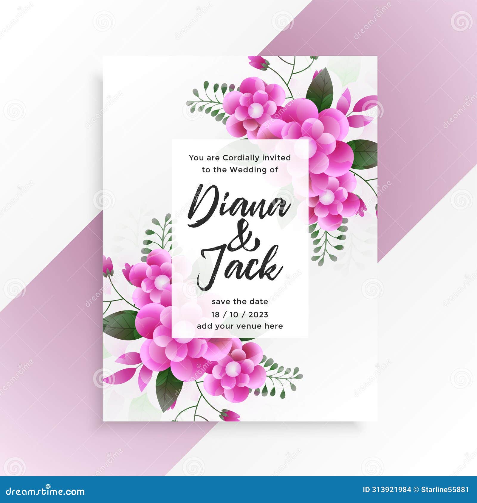 Beautiful Pink Flower Wedding Invitation Template Design Stock Vector ...