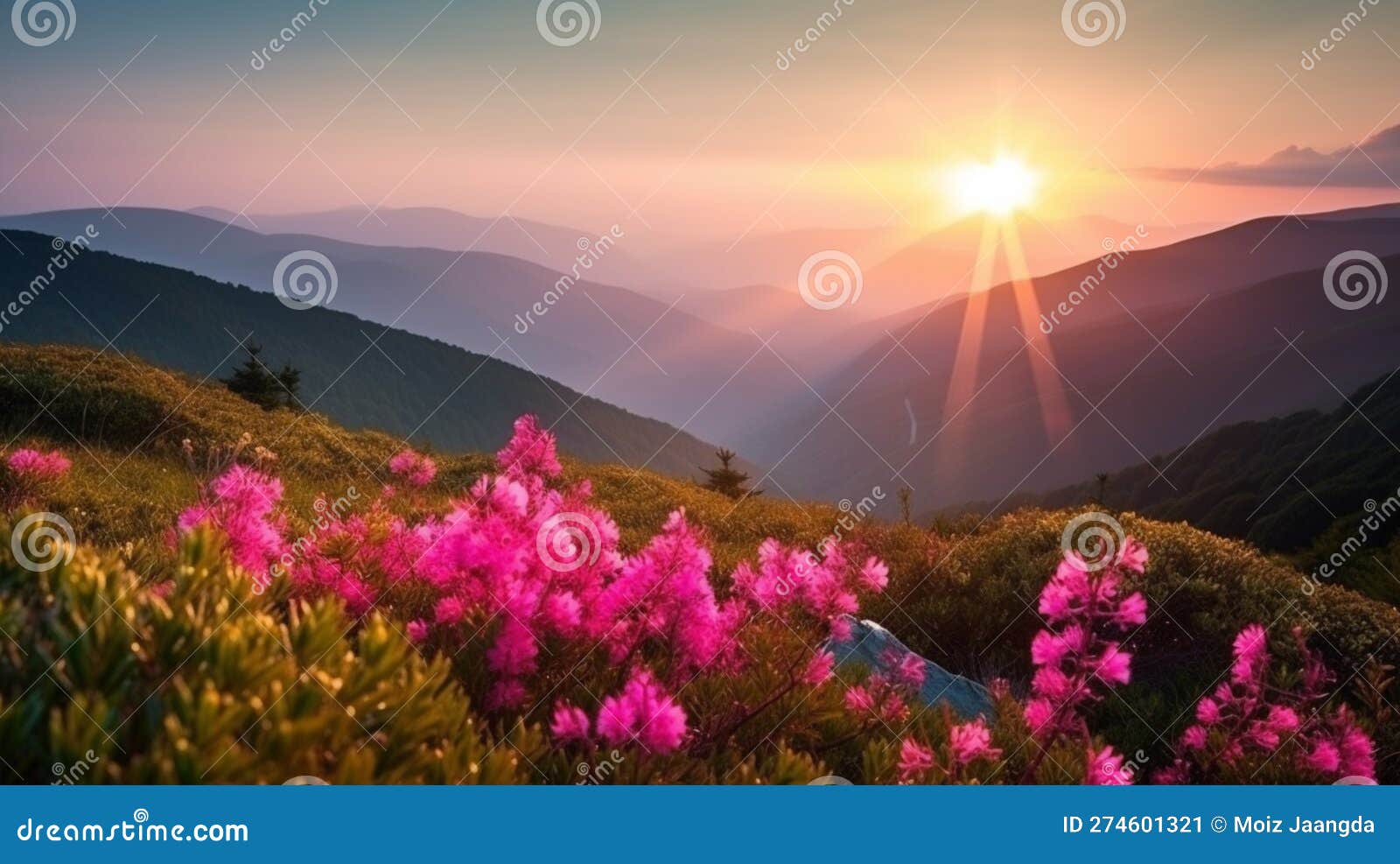 Beautiful Pink Flowers on Mountains at Sunset Stock Illustration ...