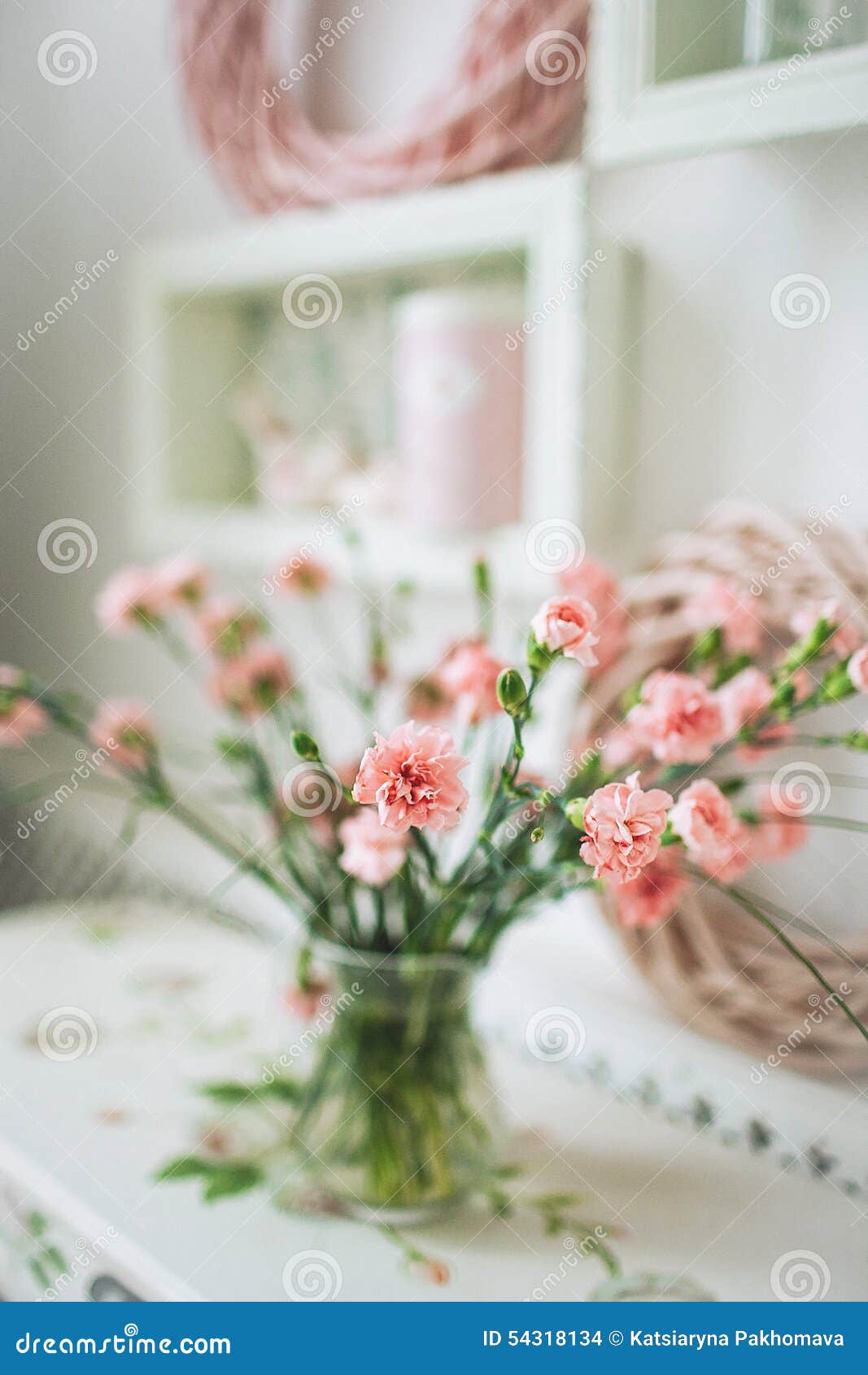 Beautiful Pink Flowers in a Vase on White Rustic Table Stock Photo ...