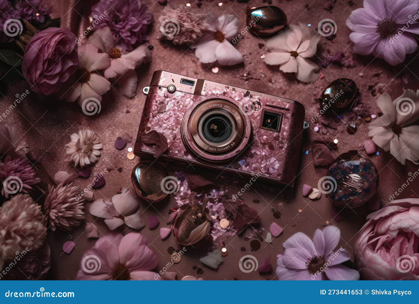 A Beautiful Pink Glitter Camera with Flowers Generative AI Stock ...