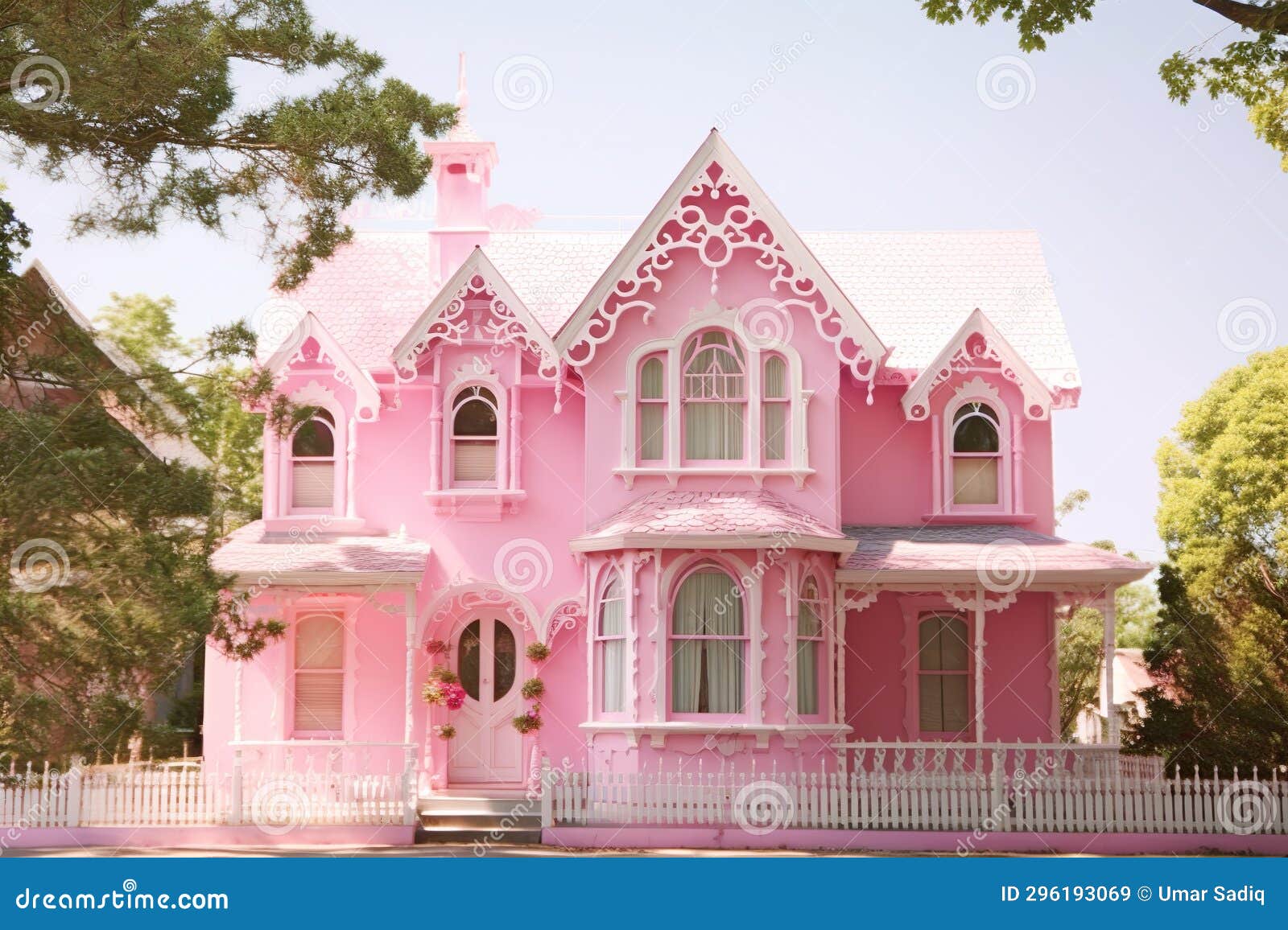 Beautiful Pink House with Trees Around Stock Illustration ...