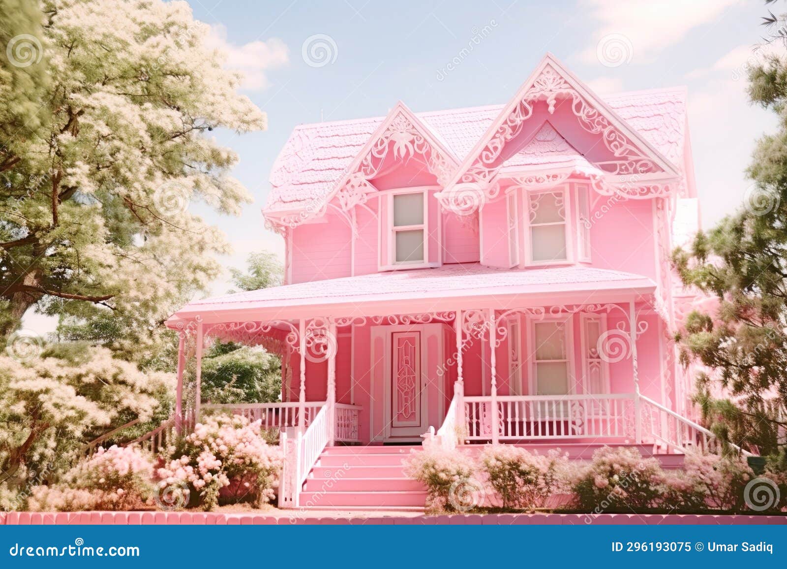 Beautiful Pink House with Trees Around Stock Illustration ...