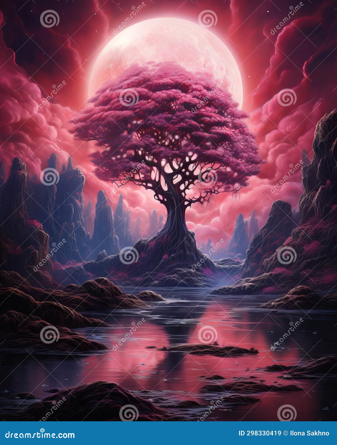 Beautiful Pink Sakura Tree Under the Moon Stock Illustration ...