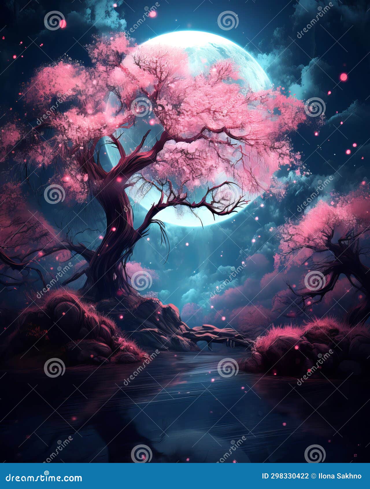Beautiful Pink Sakura Tree Under the Moon Stock Illustration ...