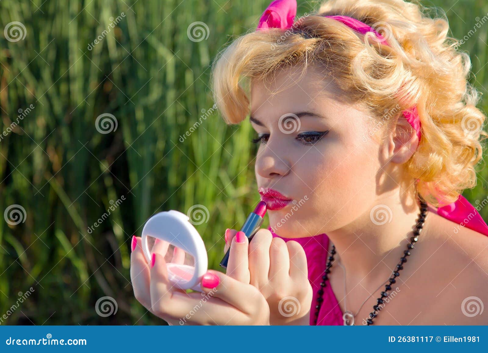 Beautiful Pinup Girl Checking Makeup Stock Image - Image of lips ...