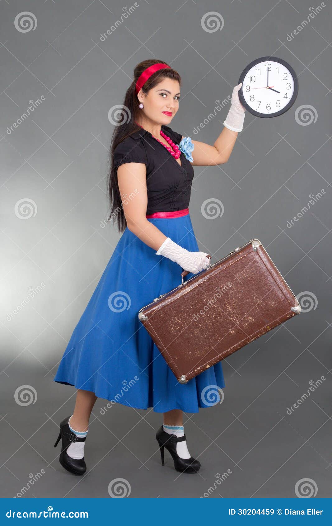 Beautiful Pinup Woman with Suitcase and Clock Stock Image - Image of ...