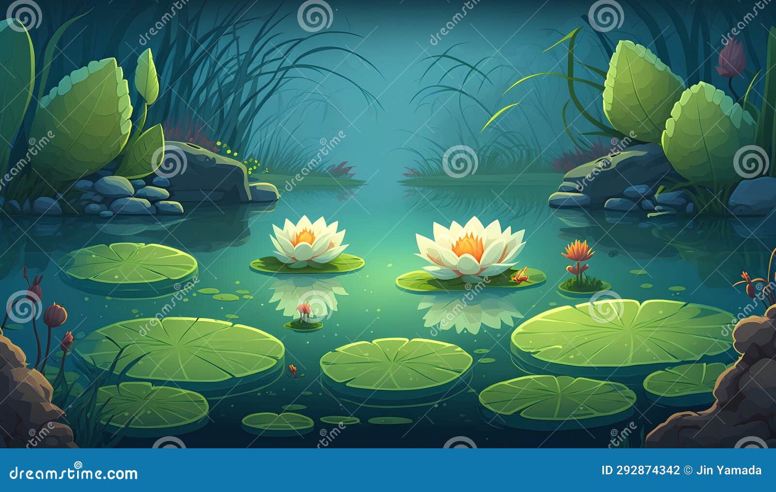 Beautiful Pond with Water Lilies and Grass. Vector Illustration Stock ...