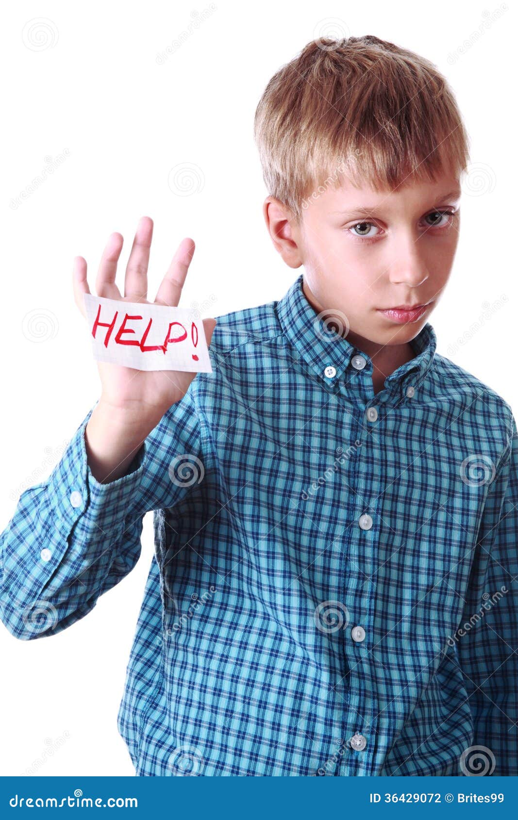 Beautiful Poor Boy in a Blue Shirt Shows a Message Help! Stock Photo ...