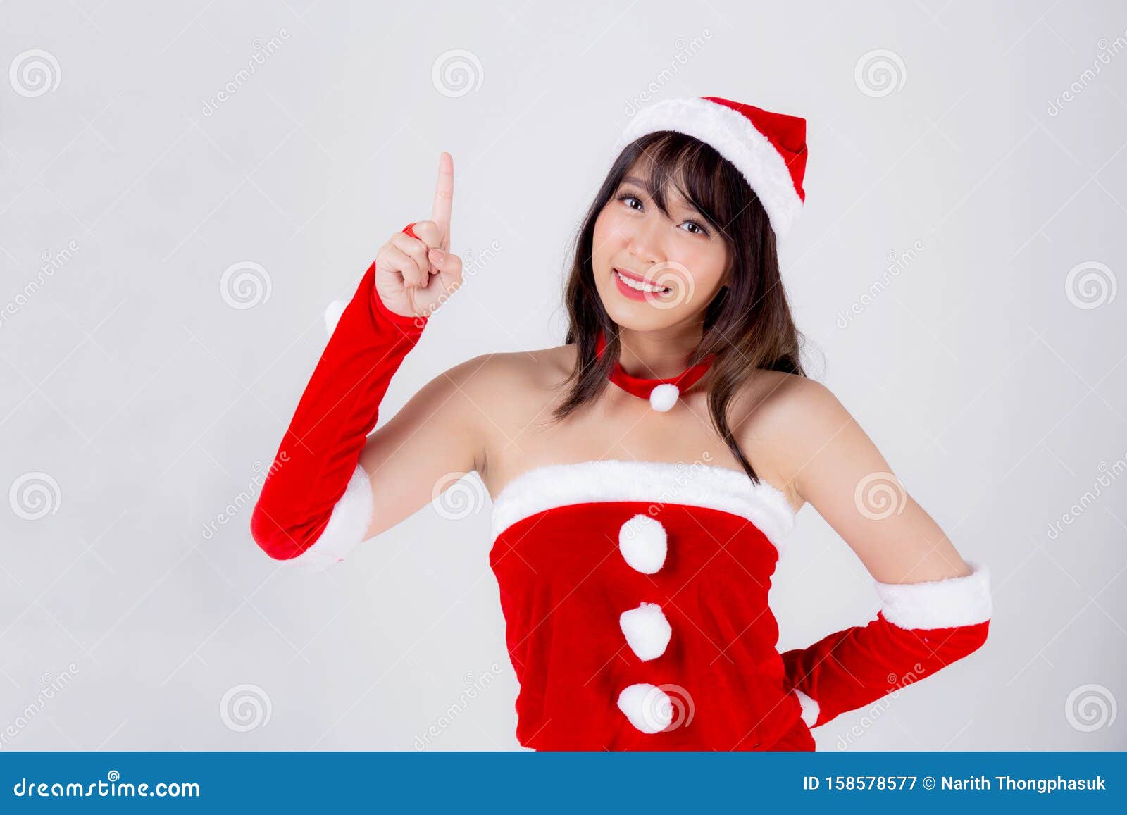 Beautiful Portrait Young Asian Woman Santa Costume Smiling Present