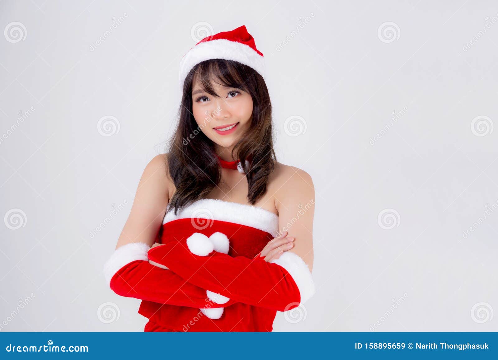 Beautiful Portrait Young Asian Woman Santa Costume Wear Hat Smiling