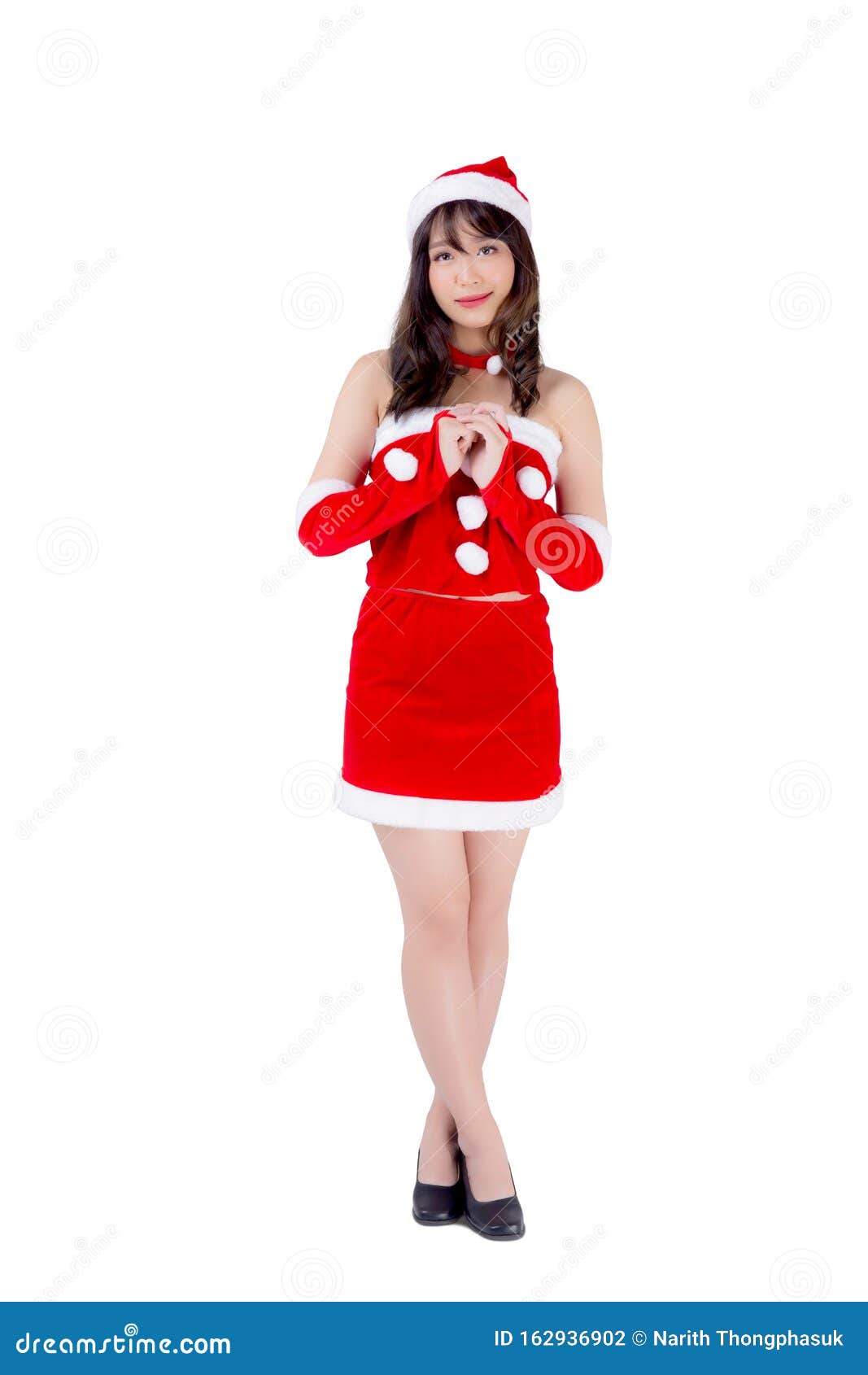 Beautiful Portrait Young Asian Woman Santa Costume Wear Hat Smiling