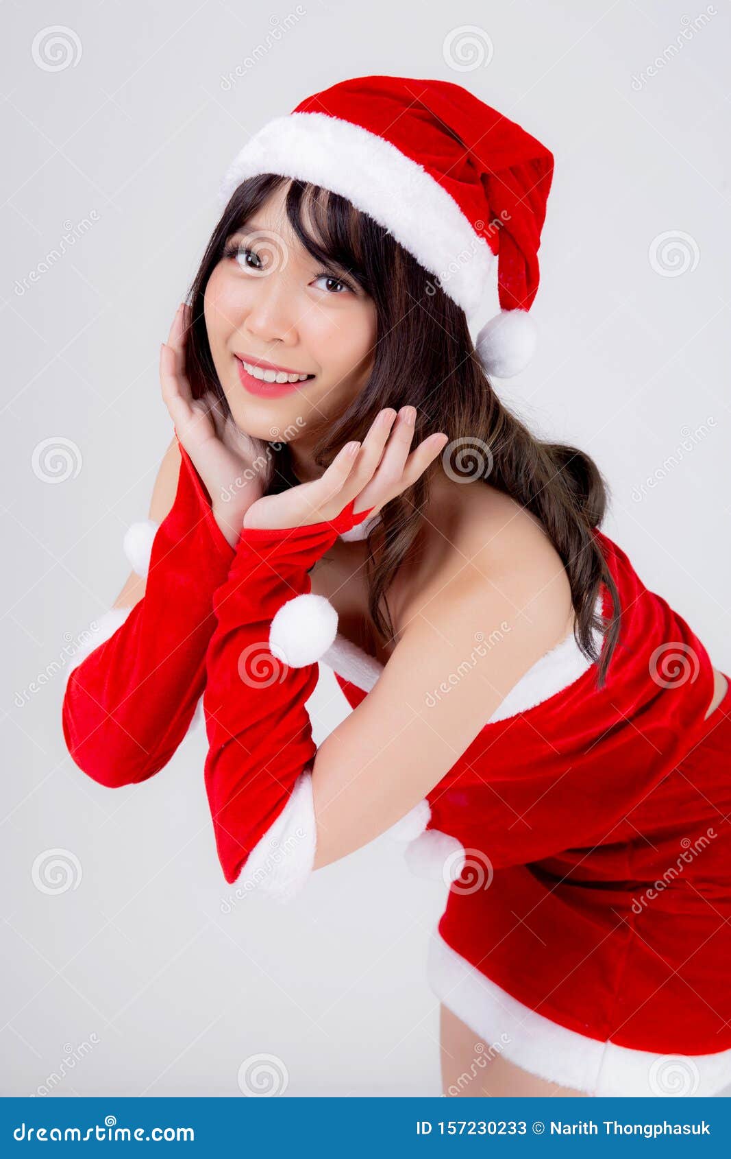 Beautiful Portrait Young Asian Woman Santa Costume Wear Hat Smiling