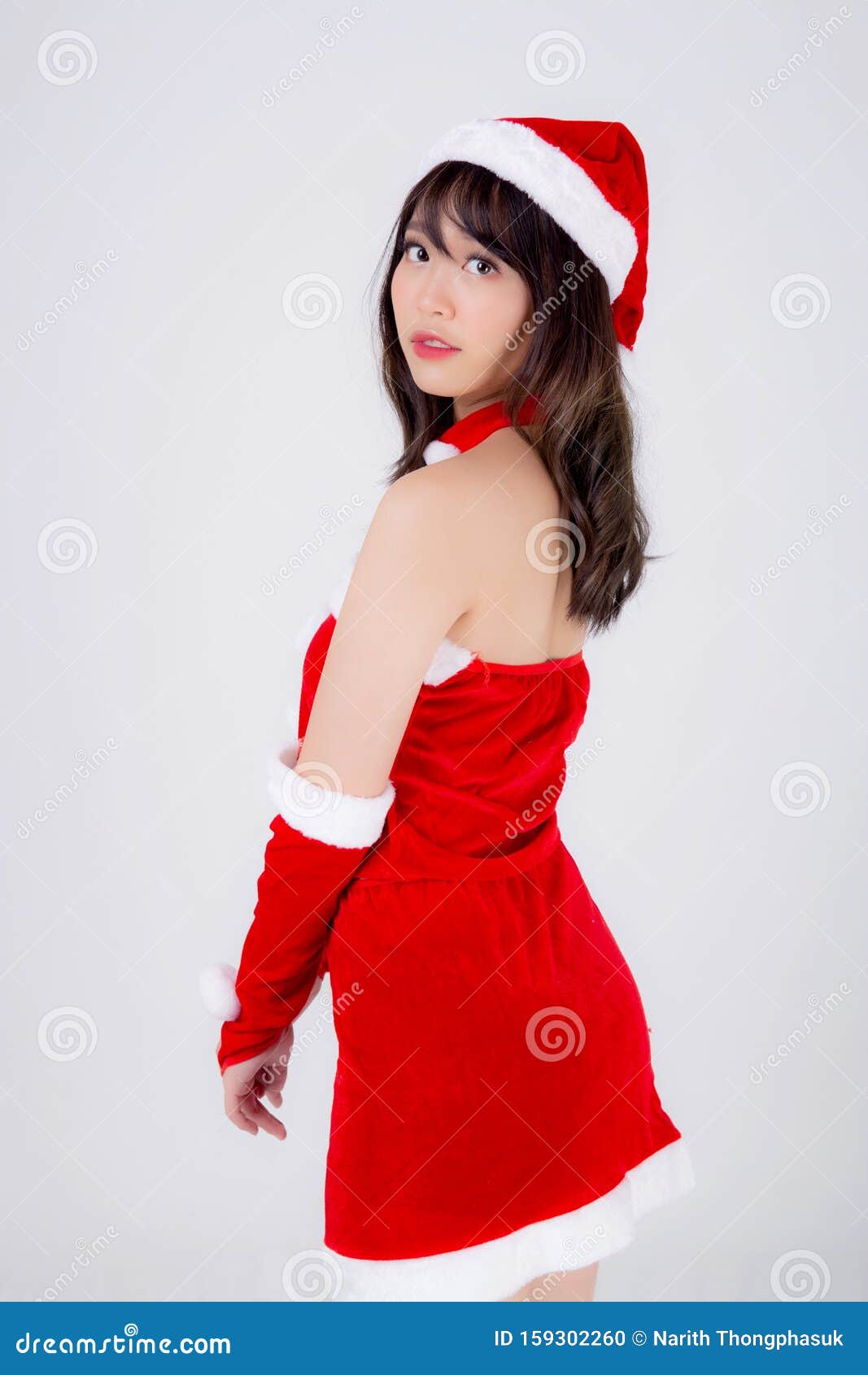 Beautiful Portrait Young Asian Woman Santa Costume Wear Hat Smiling
