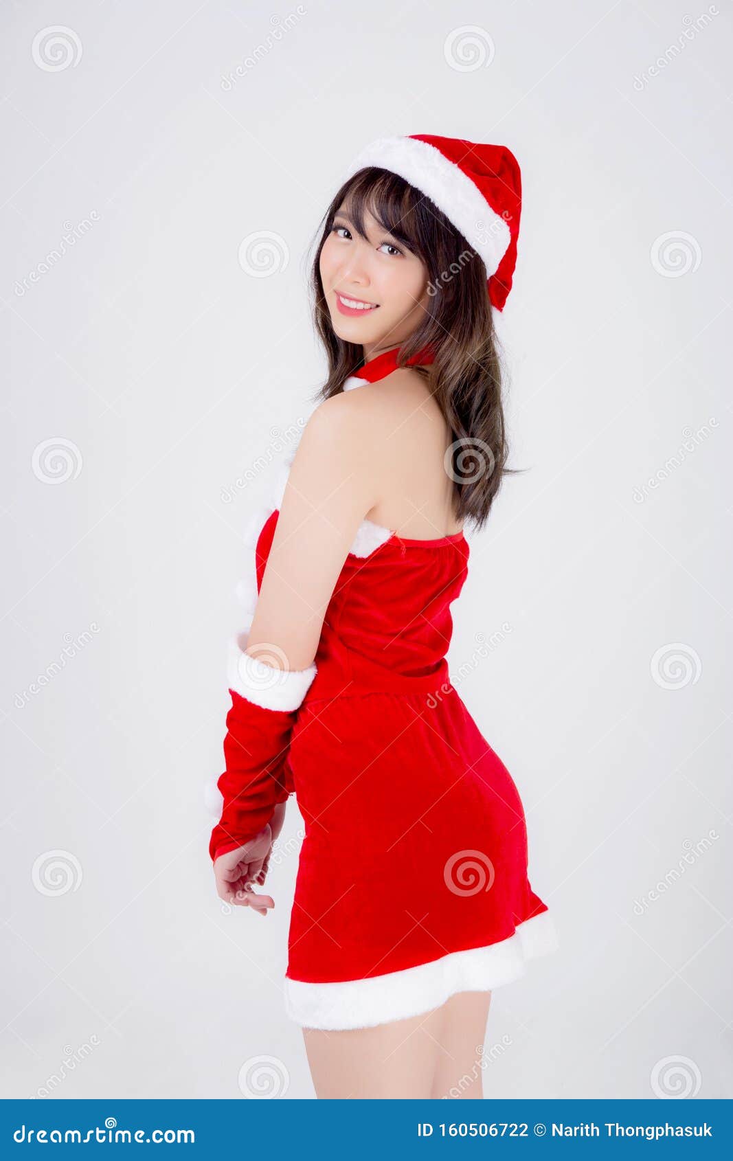 Beautiful Portrait Young Asian Woman Santa Costume Wear Hat Smiling