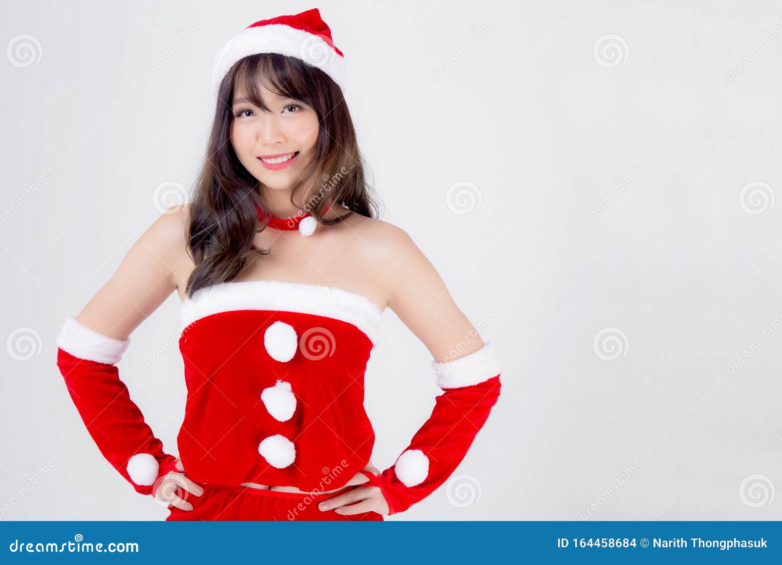 Beautiful Portrait Young Asian Woman Santa Costume Wear Hat Smiling
