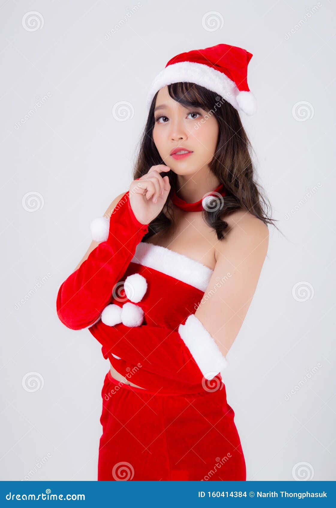 Beautiful Portrait Young Asian Woman Santa Costume Wear Hat Smiling And