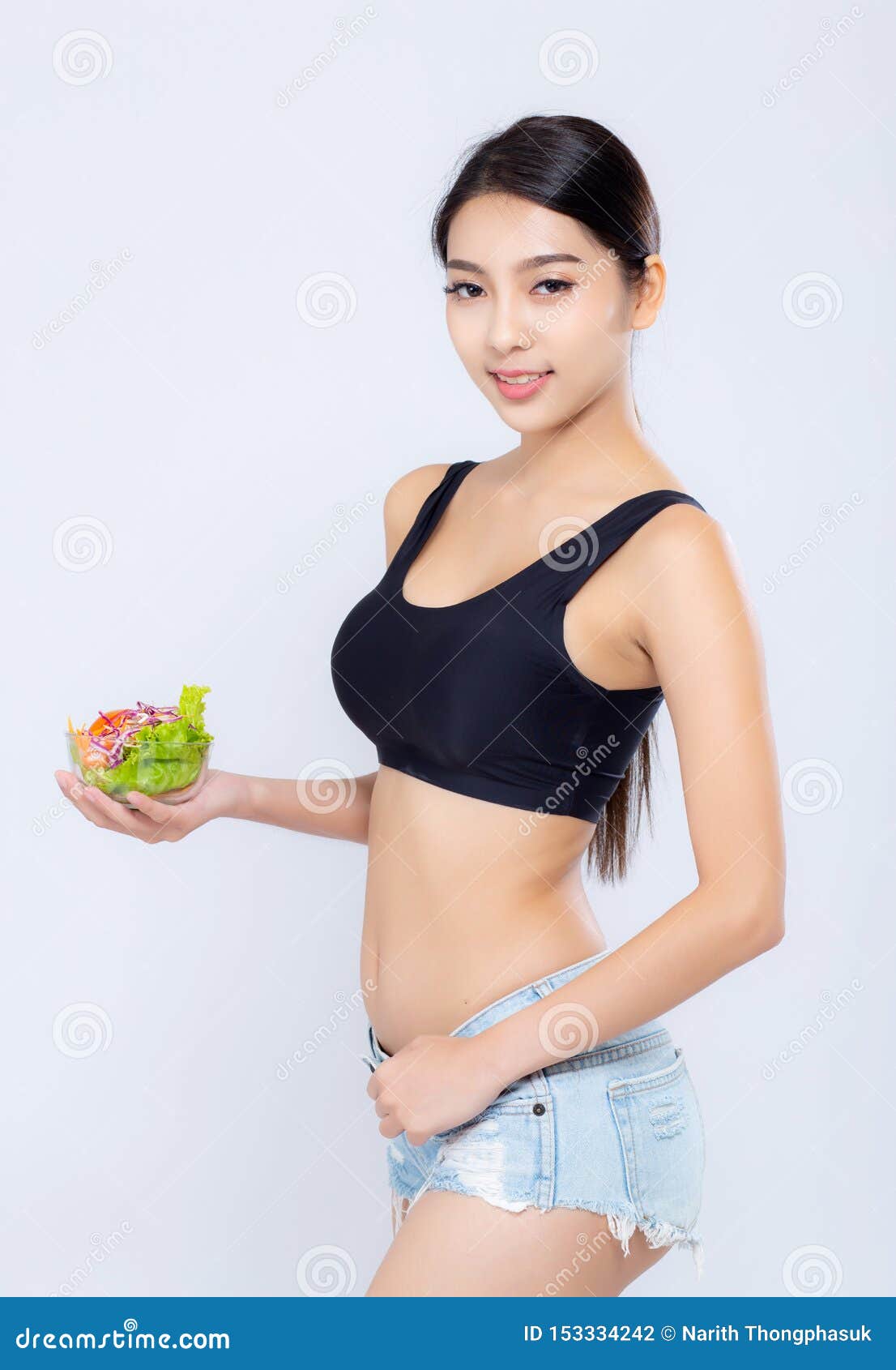 Beautiful Portrait Young Asian Woman Smiling Holding Salad Vegetable