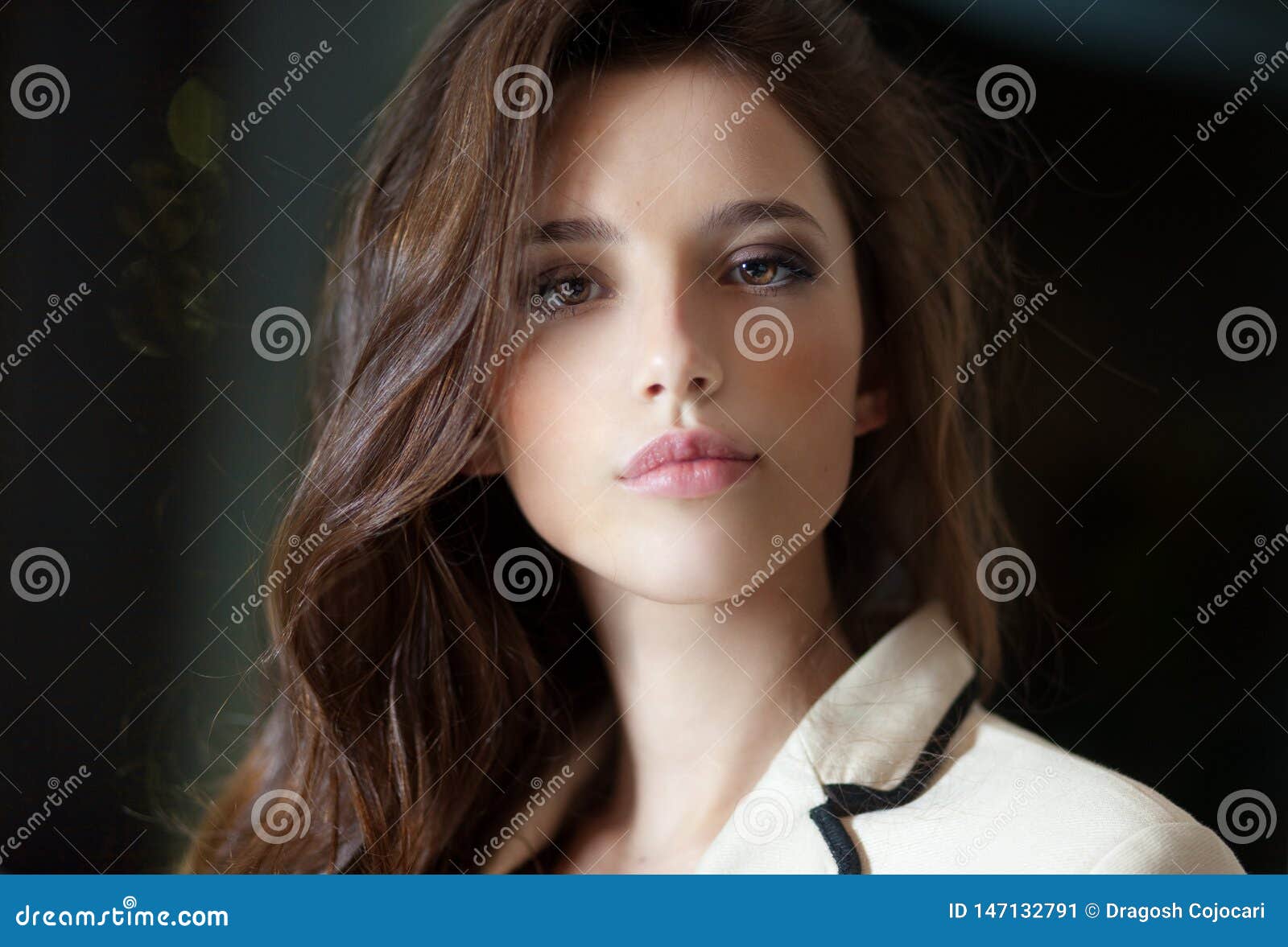 Frontal Portrait of a Young Woman with Long Hair, Wearing in Delicate ... Frontal Portrait of a Young Woman with Long Hair, Wearing in Delicate ...