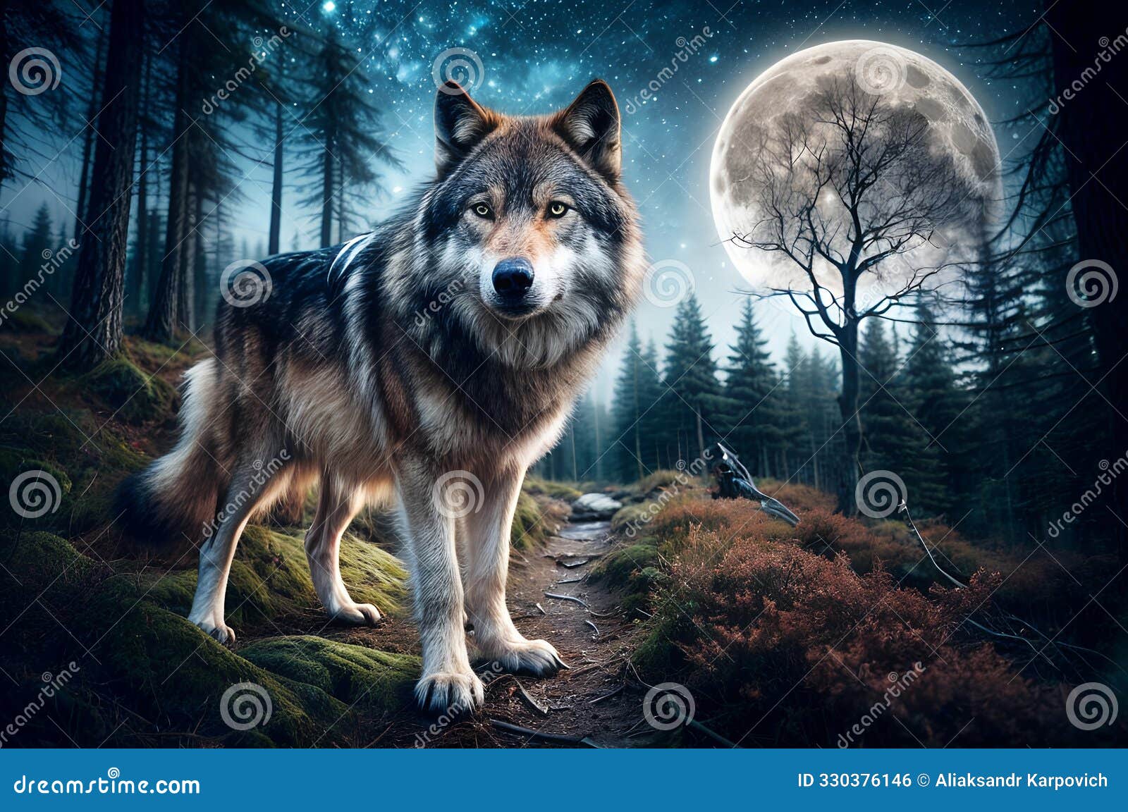A Beautiful Powerful Wolf Stands on a Forest Trail, while a Large Moon ...