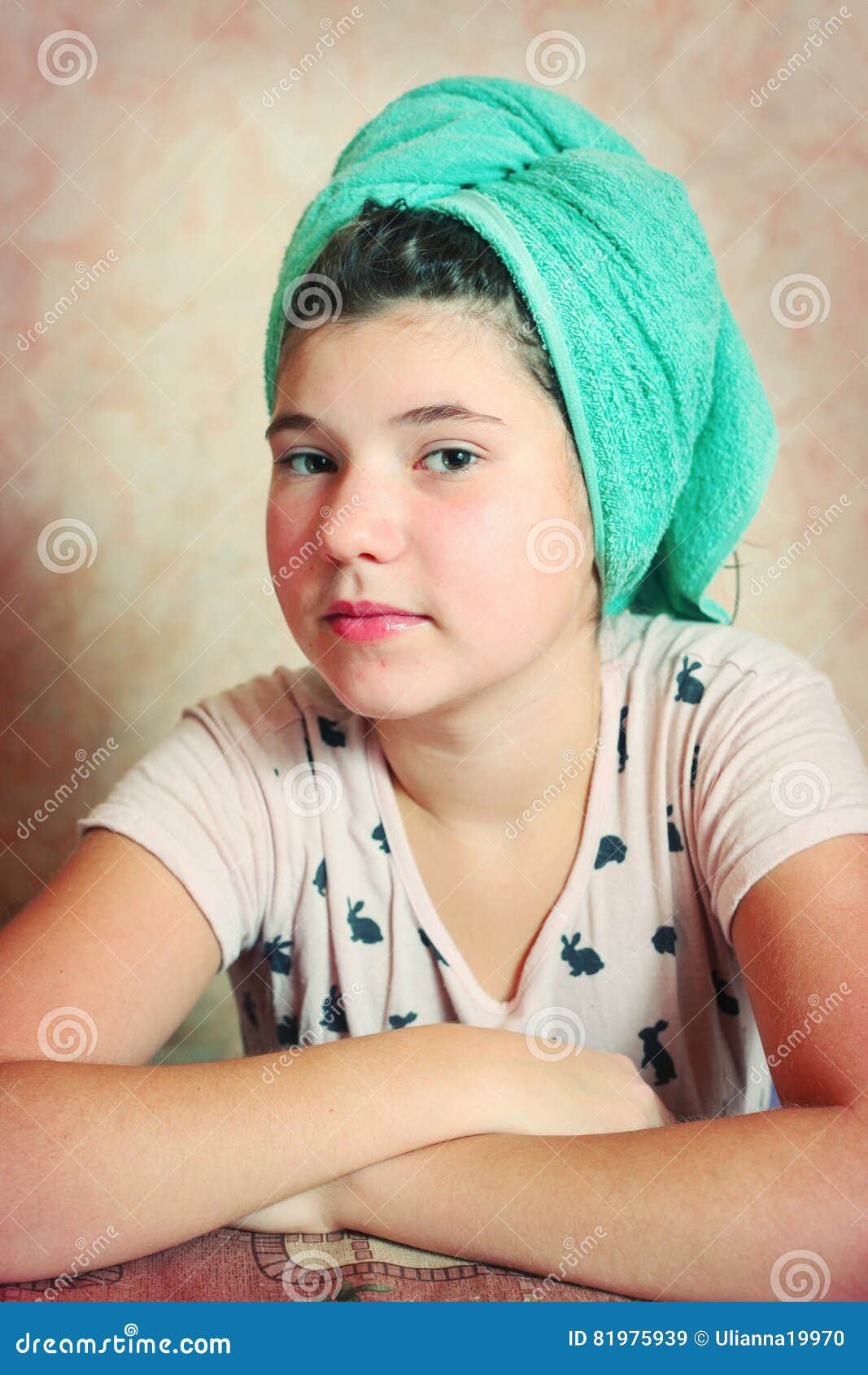 Beautiful Preteen Girl With Wet Hair In Towel Stock Image Image Of