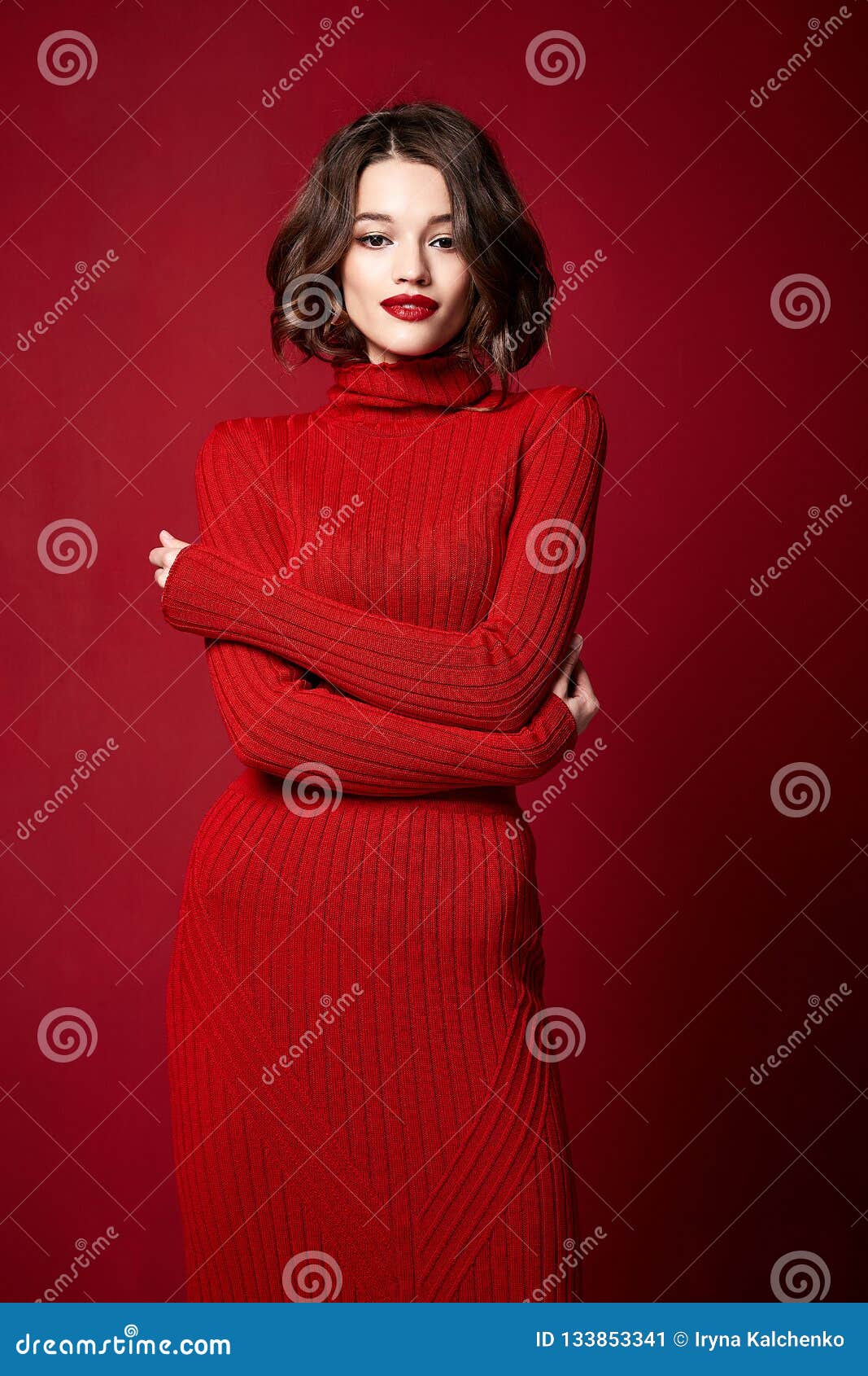 Beautiful Pretty Woman Red Lipstick Jewelry Earrings Brunet Stock Image