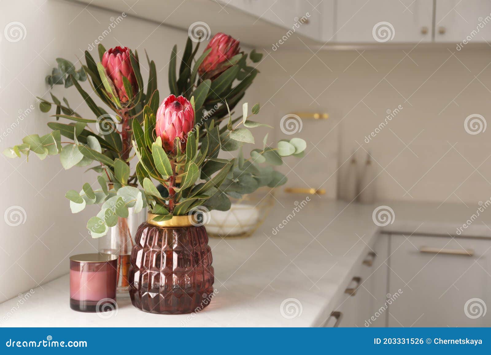 Beautiful Protea Flowers on Countertop in Kitchen, Space for Text ...