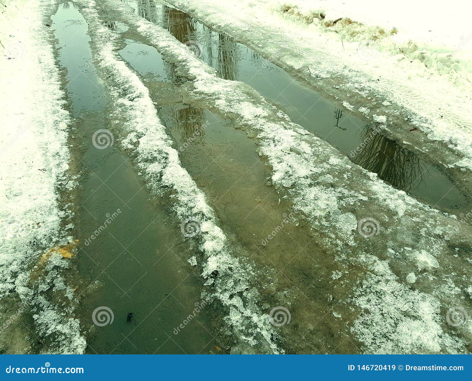 Beautiful Puddles with Ice Crust, Snow and Reflection in Winter or ...