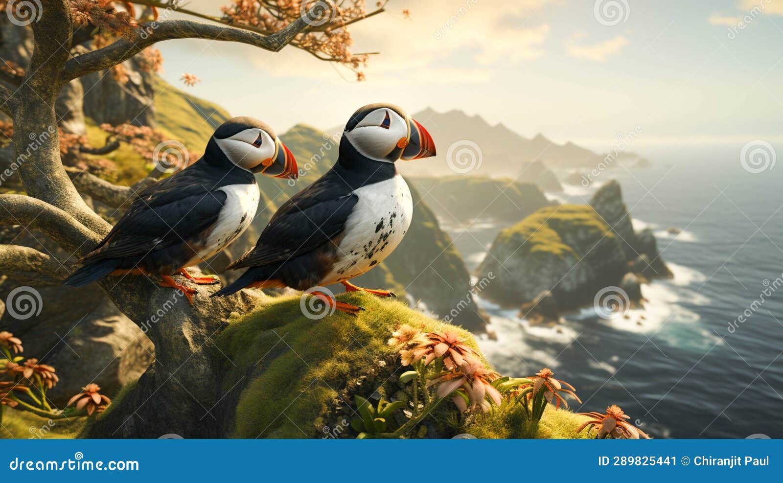 A Beautiful Puffin Pair Perching on a Branch Looking at Camera Stock ...