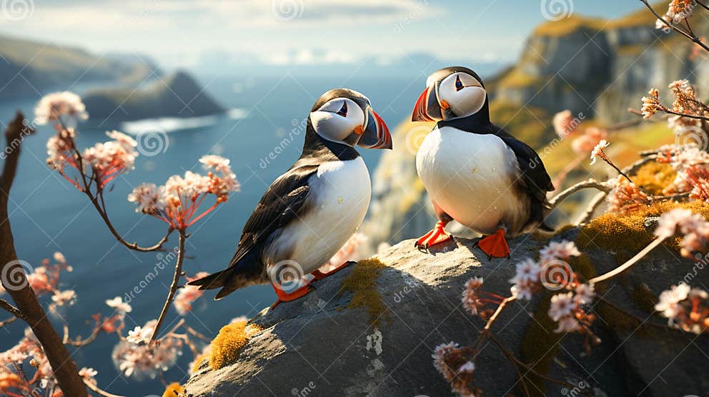 A Beautiful Puffin Pair Perching on a Branch Looking at Camera Stock ...