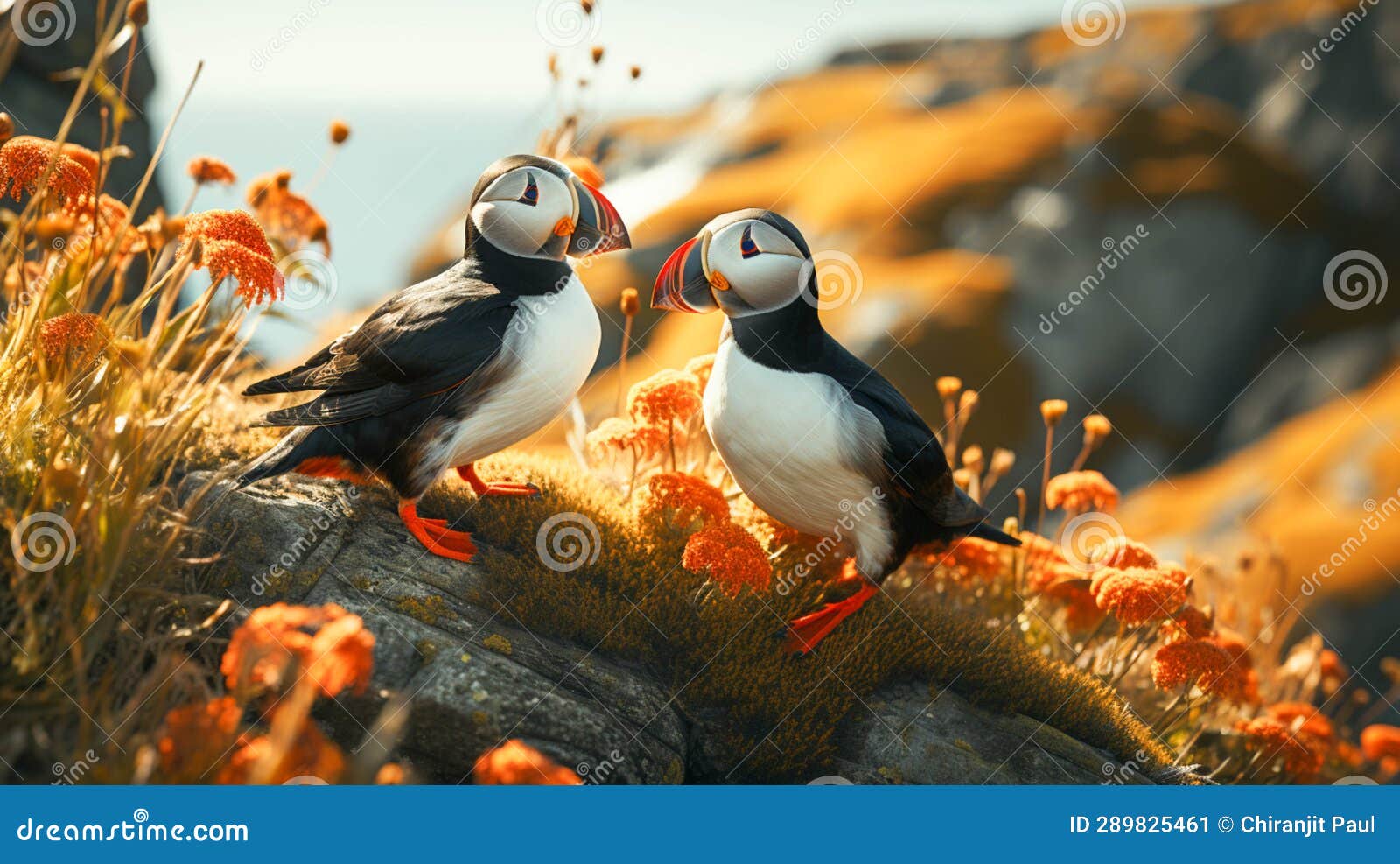 A Beautiful Puffin Pair Perching on a Branch Looking at Camera Stock ...