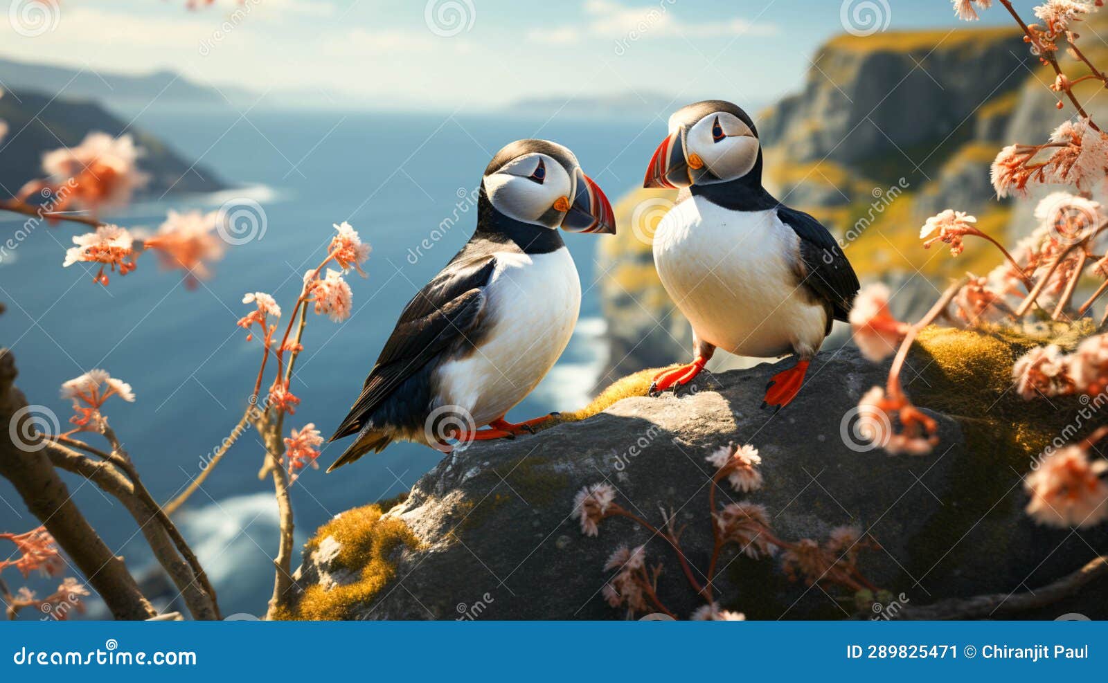 A Beautiful Puffin Pair Perching on a Branch Looking at Camera Stock ...