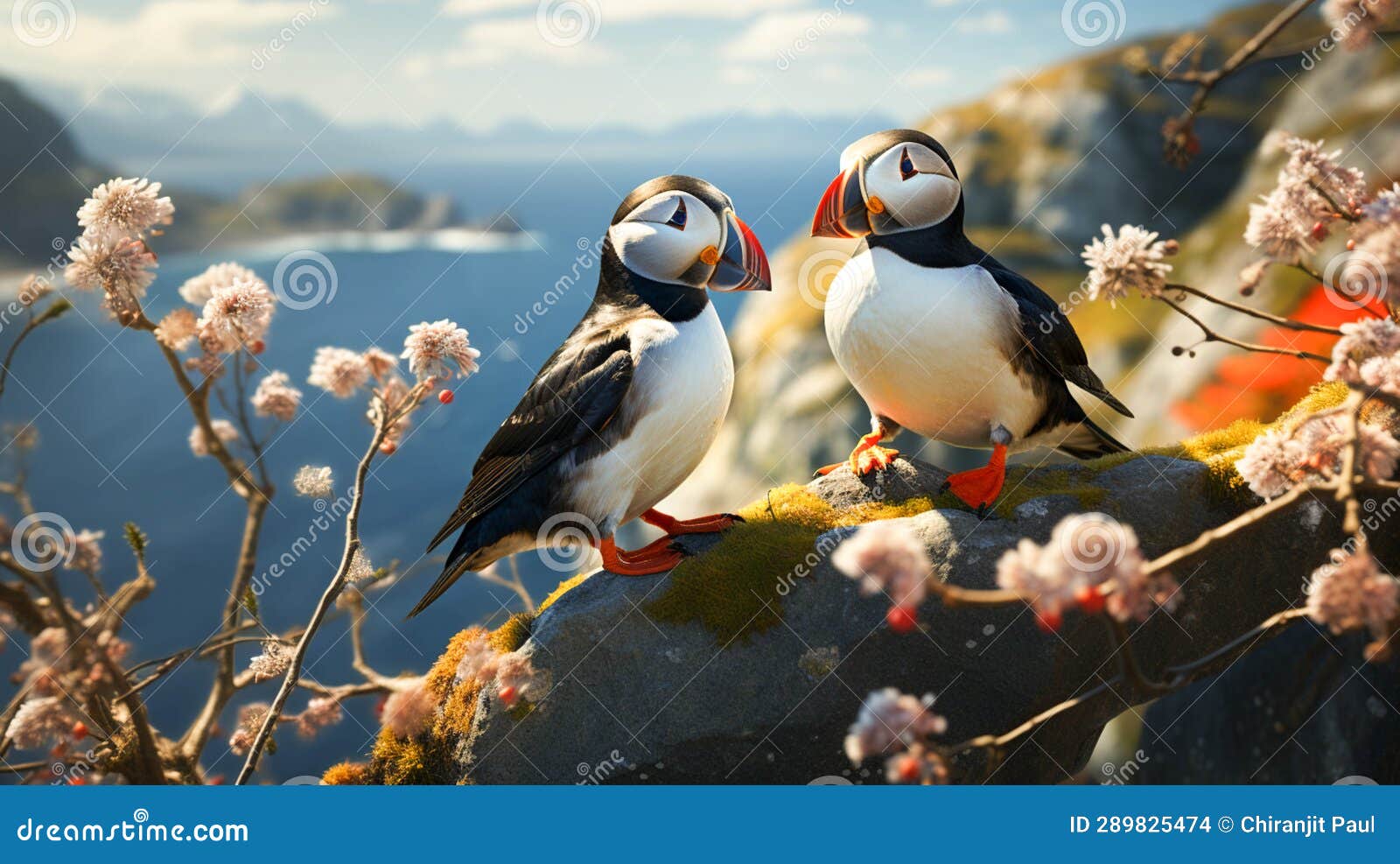 A Beautiful Puffin Pair Perching on a Branch Looking at Camera Stock ...