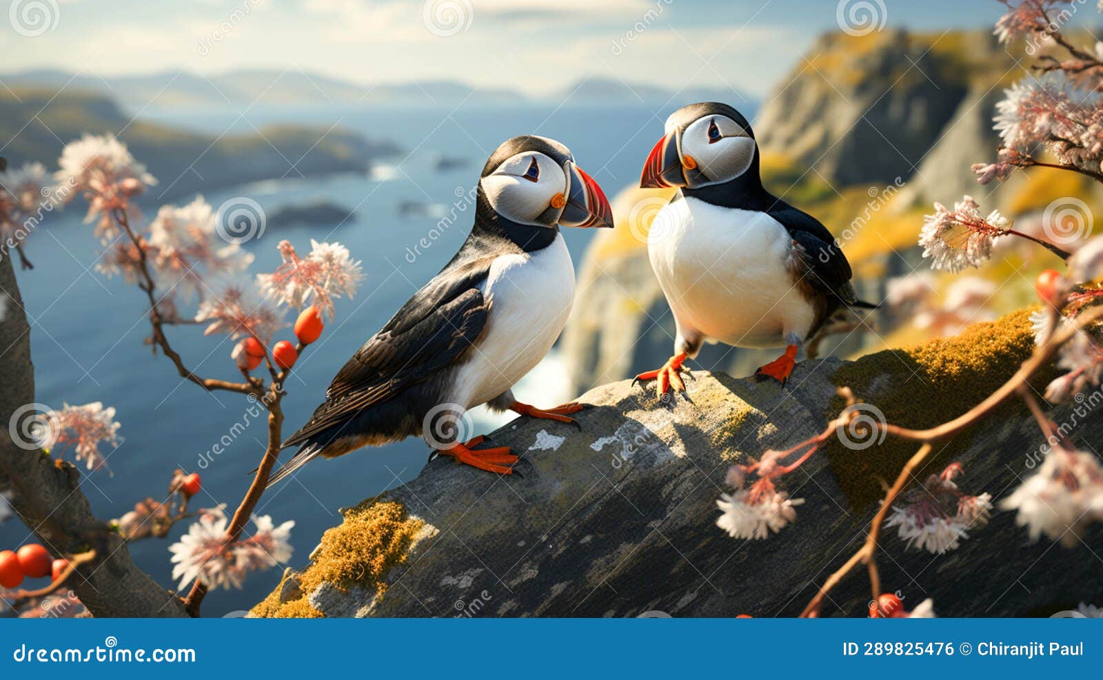 A Beautiful Puffin Pair Perching on a Branch Looking at Camera Stock ...
