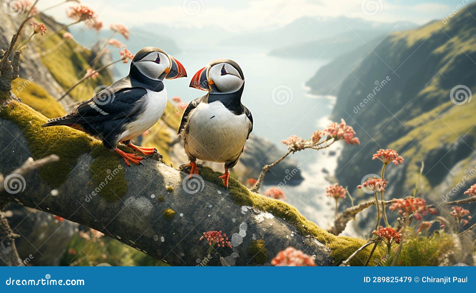 A Beautiful Puffin Pair Perching on a Branch Looking at Camera Stock ...