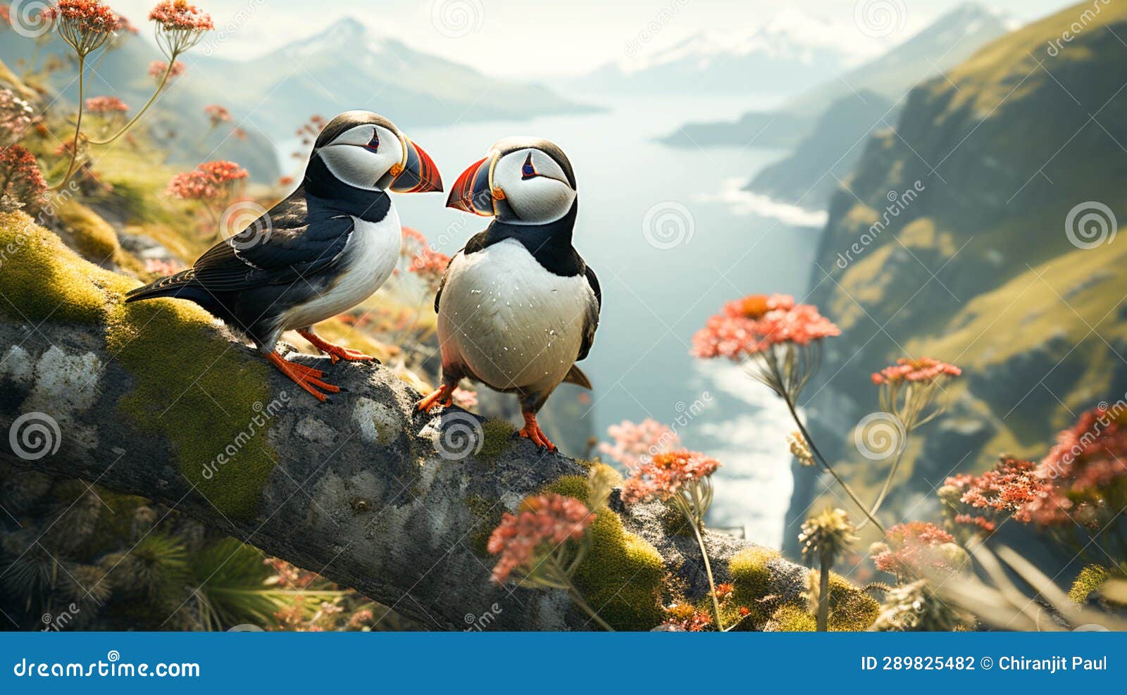 A Beautiful Puffin Pair Perching on a Branch Looking at Camera Stock ...