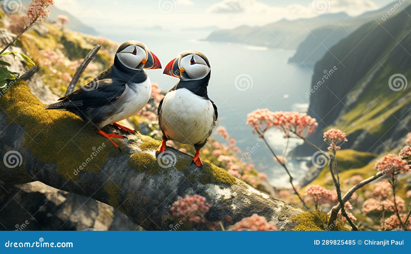 A Beautiful Puffin Pair Perching on a Branch Looking at Camera Stock ...