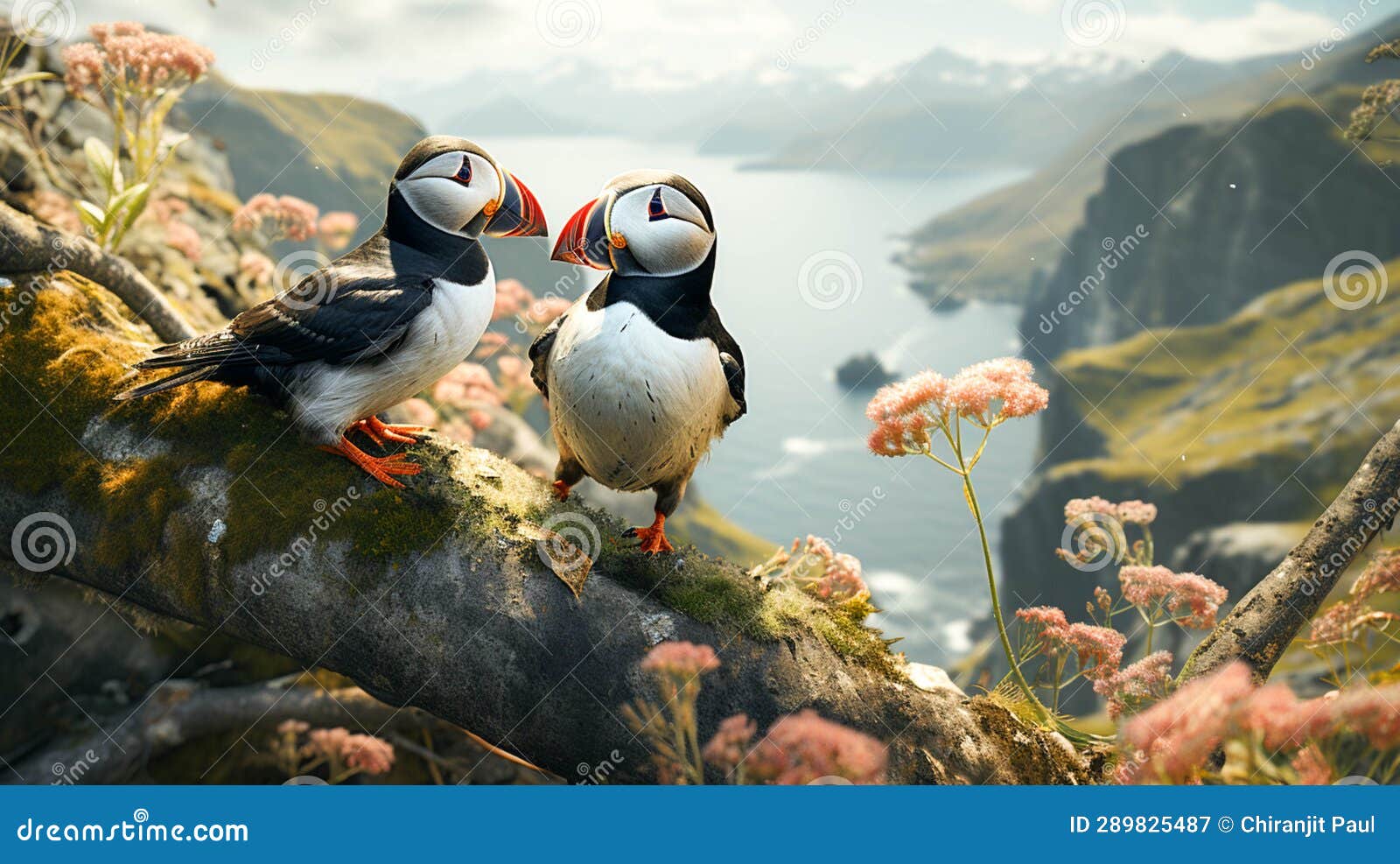 A Beautiful Puffin Pair Perching on a Branch Looking at Camera Stock ...